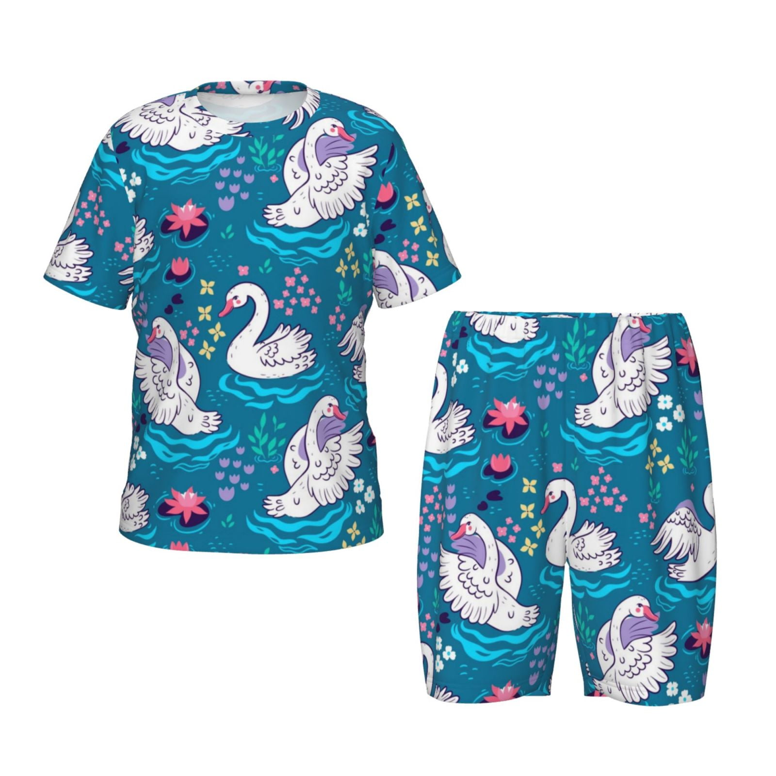 Daiia Swan On The Pond Print Children’s Cotton Pajama Set – Short-Sleeved Top & Shorts ...