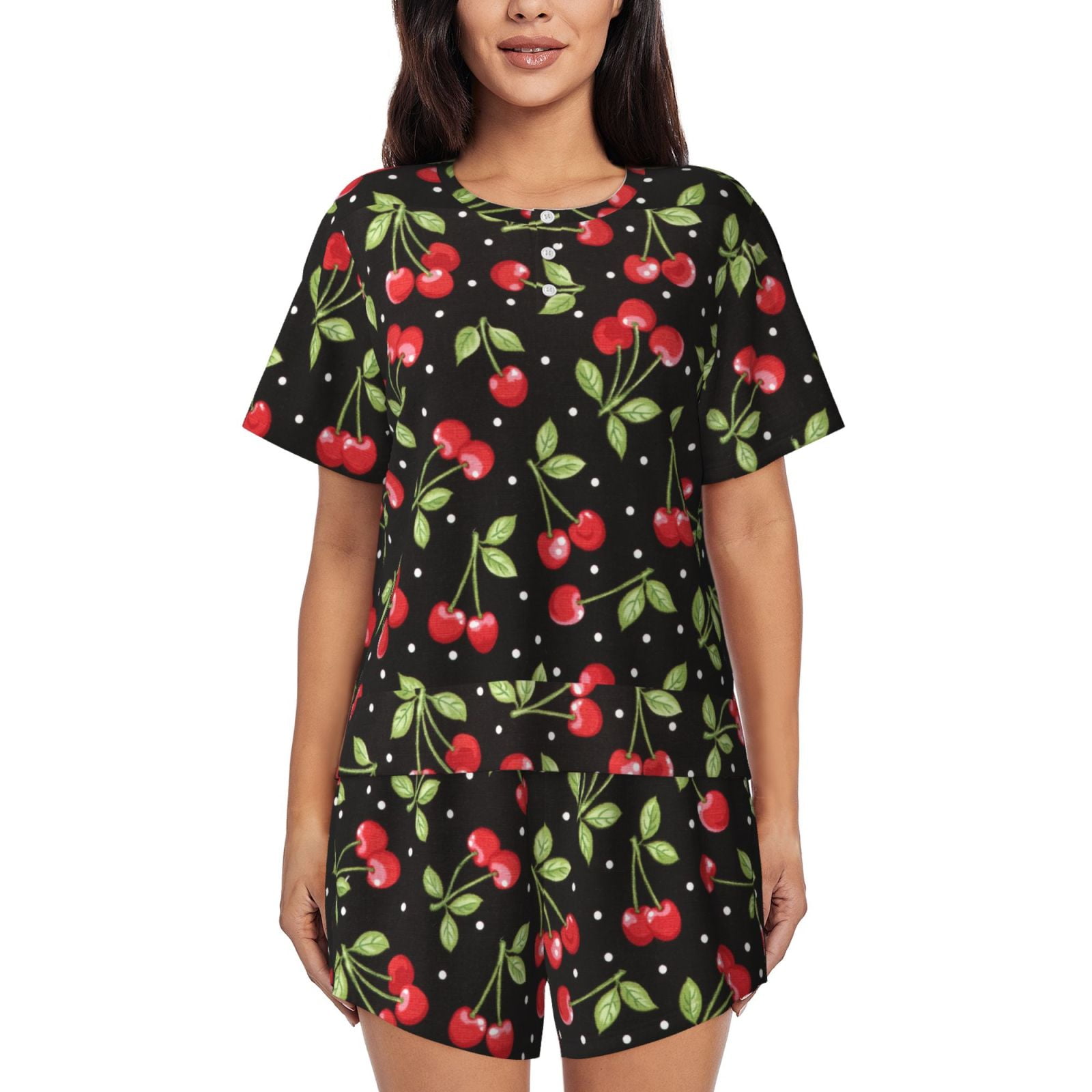 Daiia Sweet Red Cherry Pattern Womens Pajama Sets Short Sleeve Pajamas ...