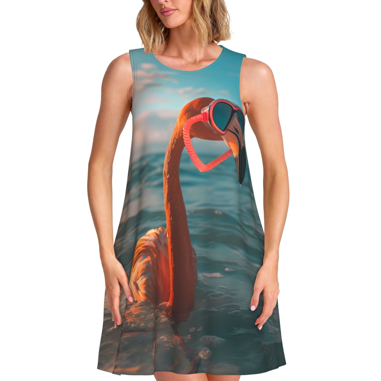 Daiia Swimming Goggled Flamingo Print Women's Dresses 2025 Trendy Short ...