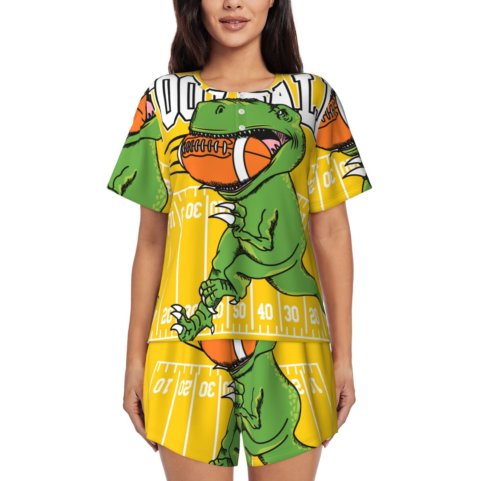 Daiia T-Rex Playing Football Pattern Womens Pajama Sets Short Sleeve ...