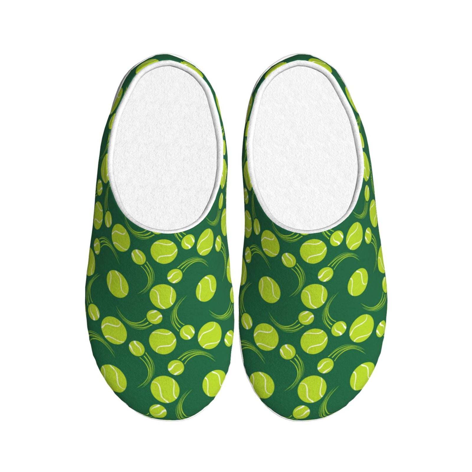 Daiia Tennis Balls Print Women’s Fuzzy Slippers Memory Foam Lightweight ...
