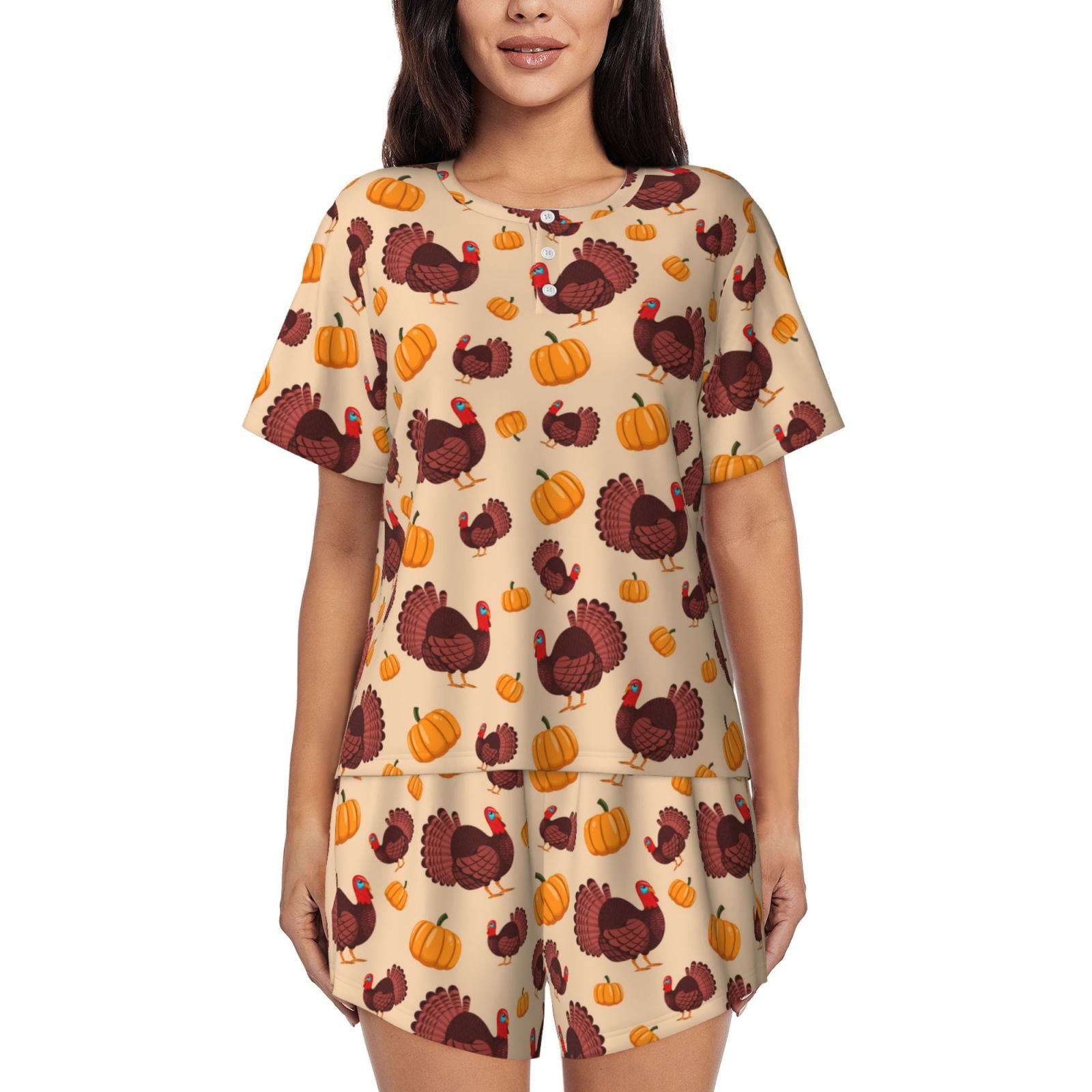 Daiia Thanksgiving Turkey and Pumpkin Pattern Womens Pajama Sets Short ...