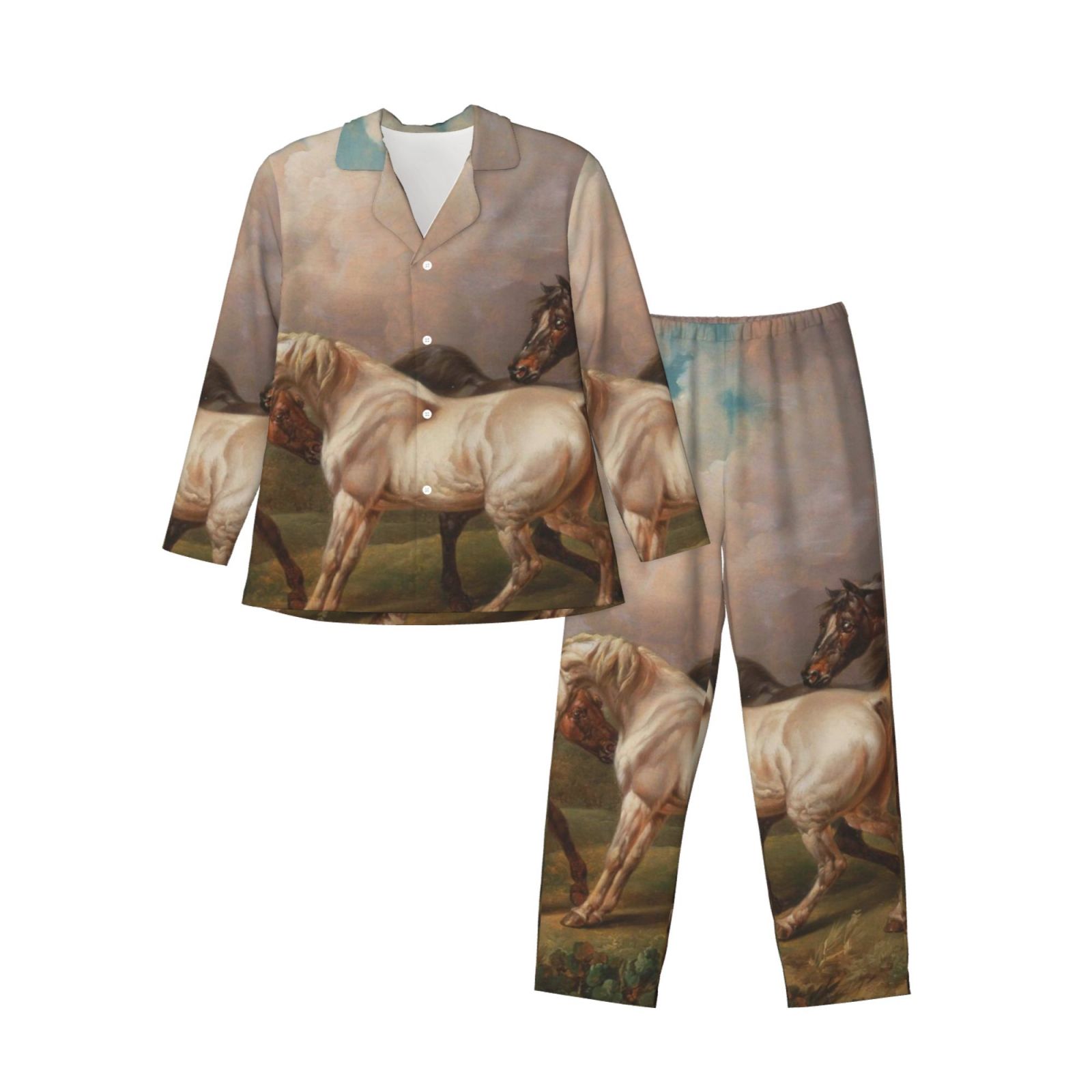 Daiia Three Horses Oil Painting for Men's Long-Sleeved Pajama Set ...
