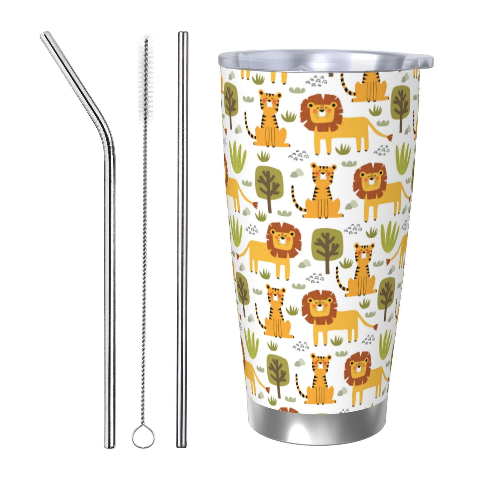 Daiia Tiger Lion Printed 20oz Insulated Coffee Cup with Straw Topper ...