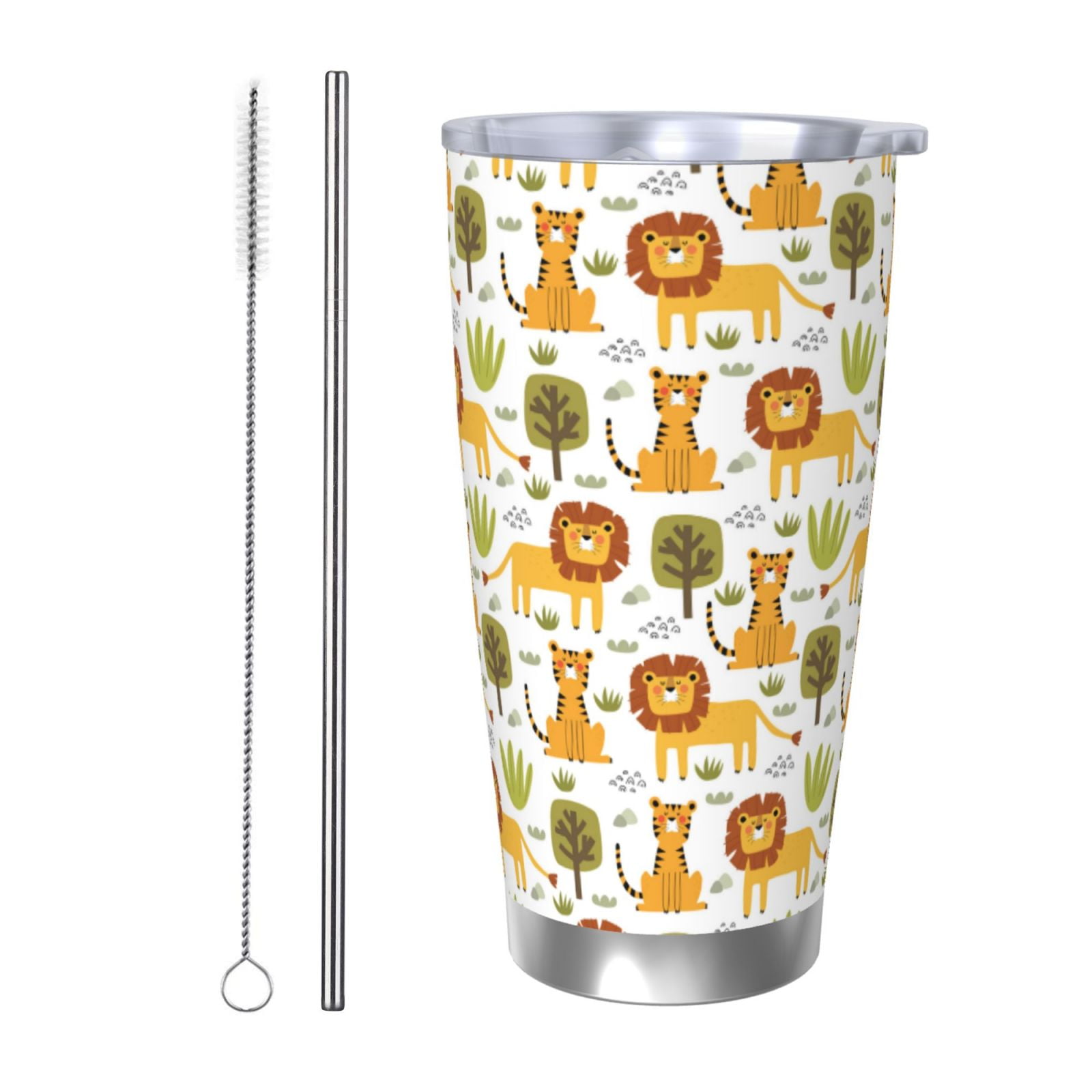 Daiia Tiger Lion Printed 20oz Insulated Coffee Cup with Straw Topper ...