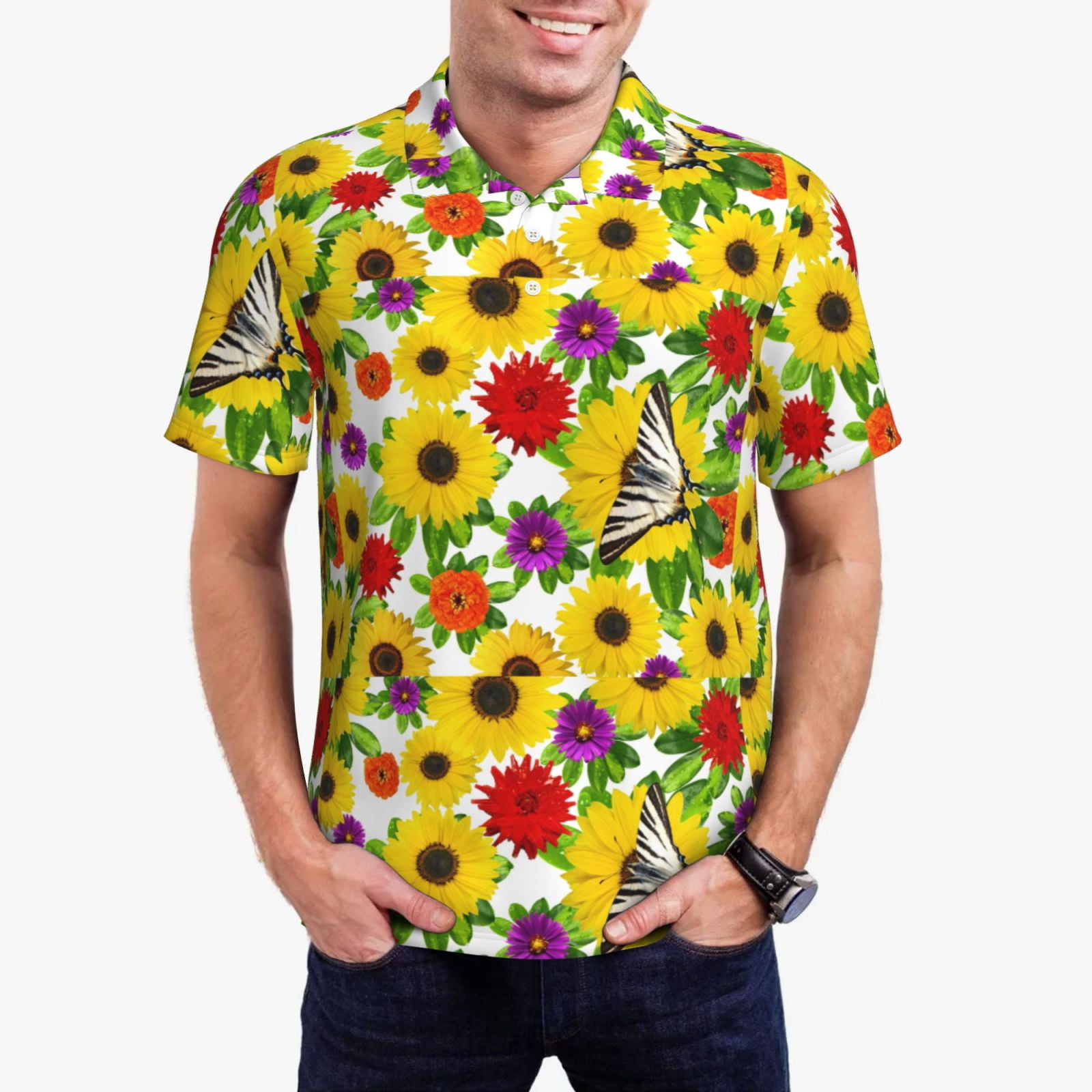 Daiia Tiger Swallowtail On Flowers Pattern Men’s Polo Shirts,Solid Deck Shirt,Classic Fit ...