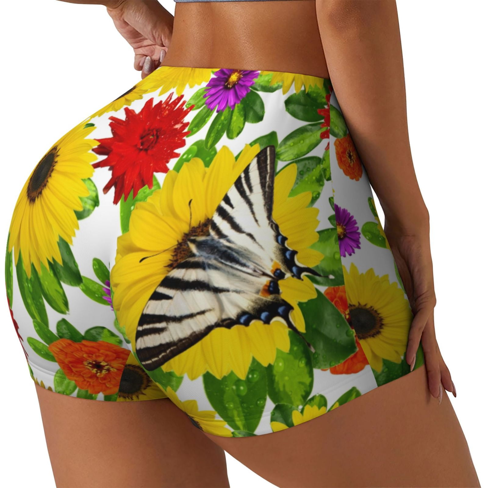 Daiia Tiger Swallowtail On Flowers Pattern Women's Workout Shorts Biker Shorts - High Waisted ...