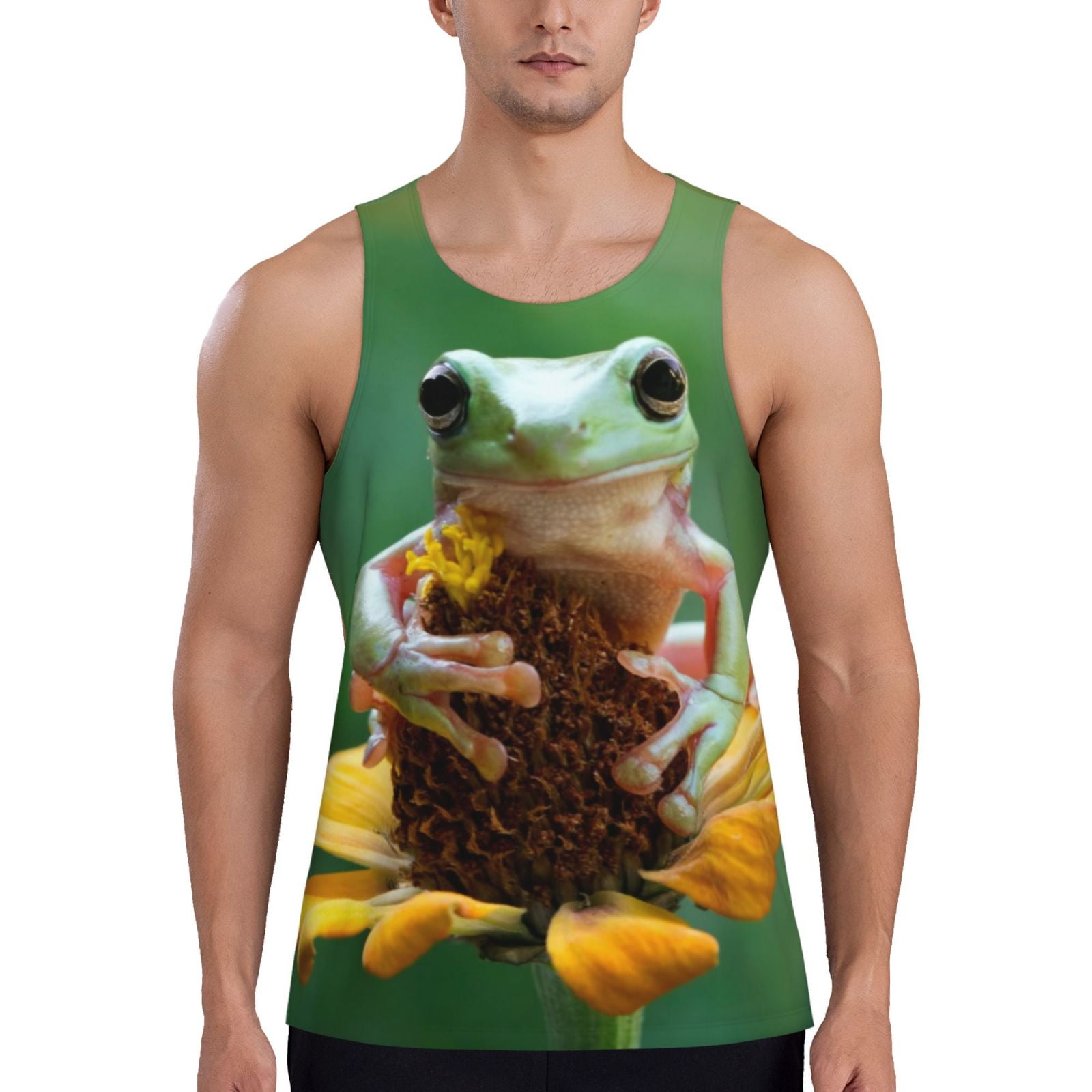 Daiia Tree Frog Sitting On Sunflowes Printed Men's Quick Dry Fit Muscle ...