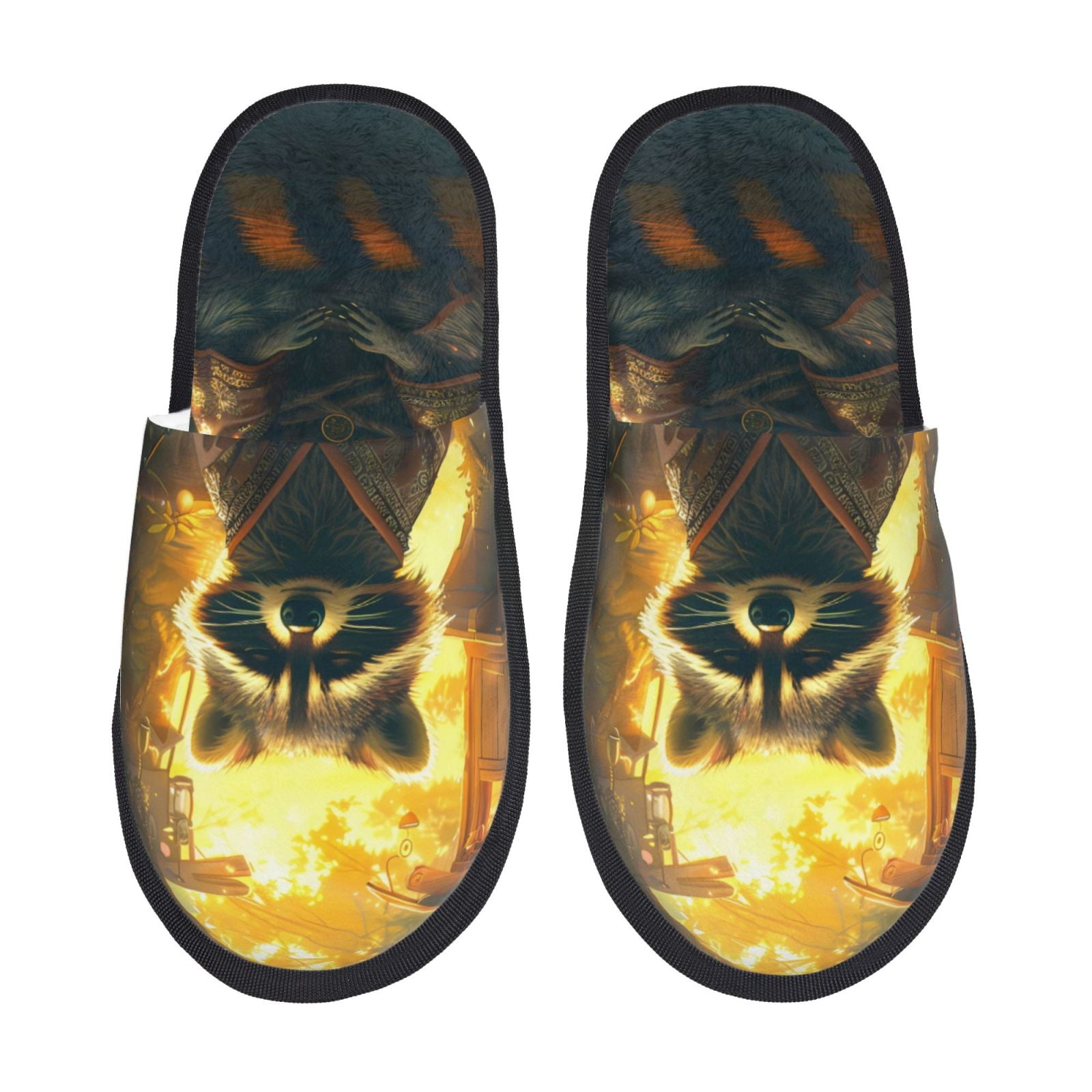 Daiia Tree Meditating Raccoon Pattern Furry Slippers for Women and Men ...