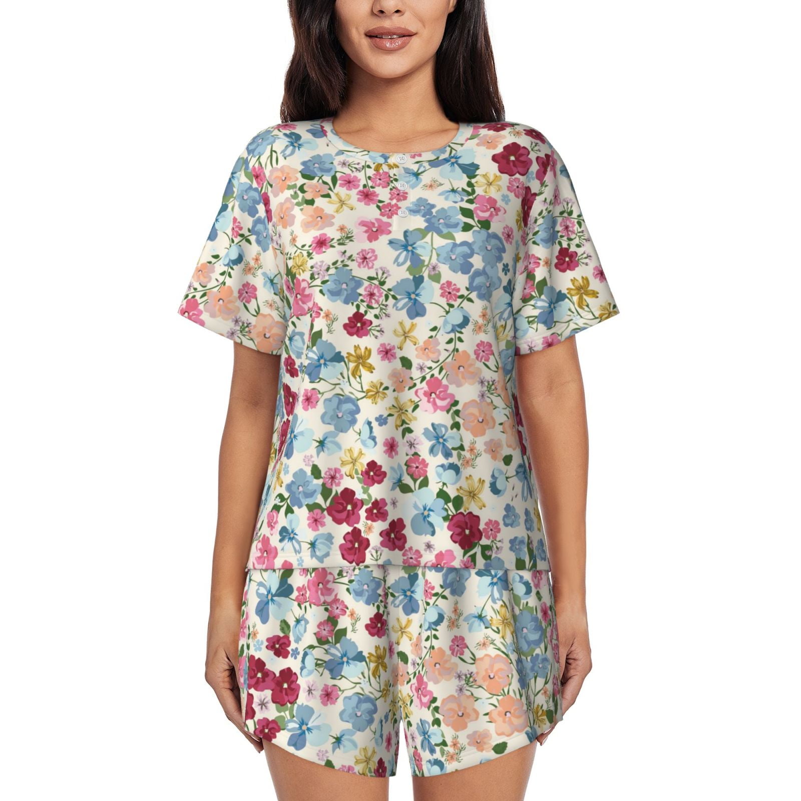 Daiia Trendy Floral Design Pattern Womens Pajama Sets Short Sleeve ...