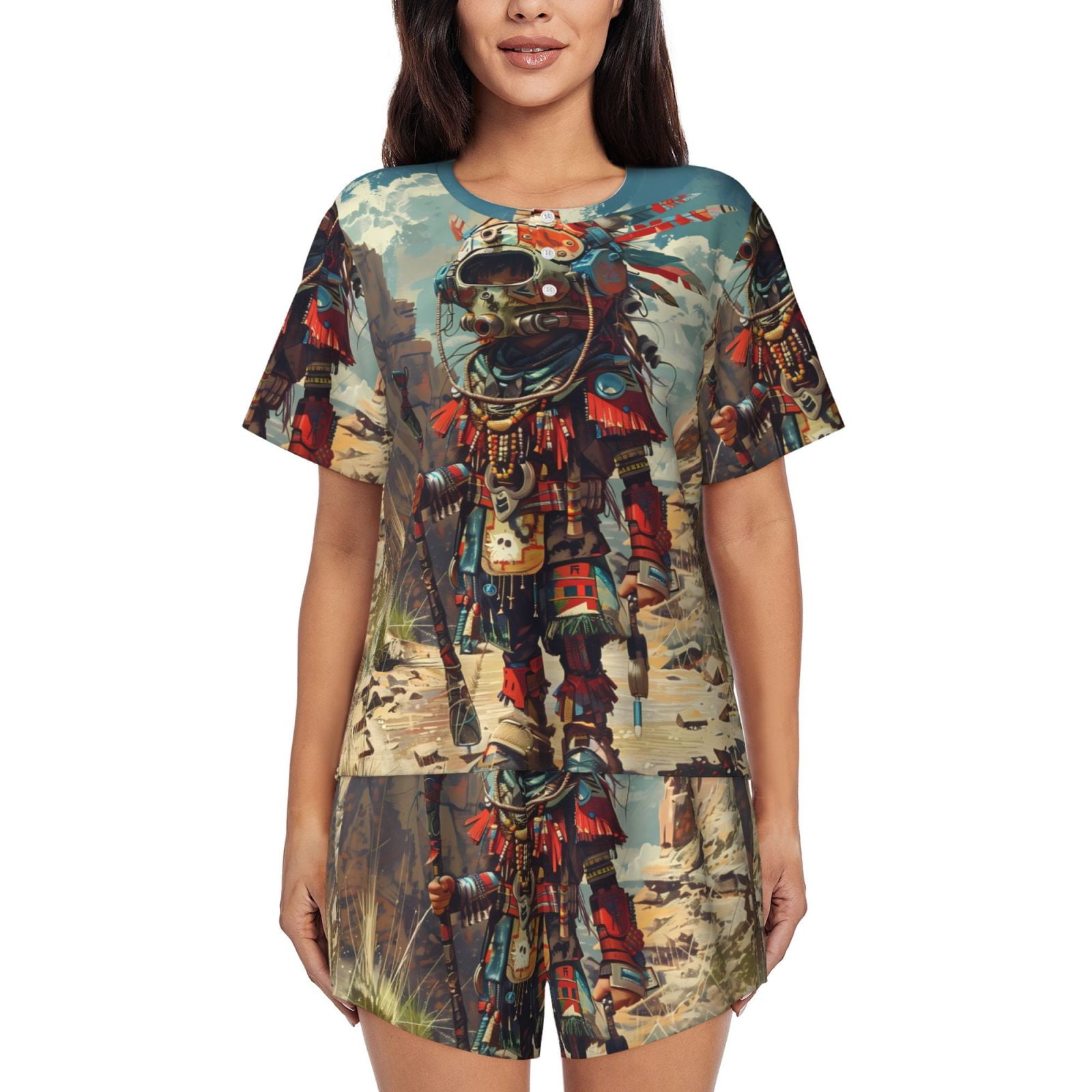 Daiia Tribal Futuristic Warrior Pattern Womens Pajama Sets Short Sleeve ...