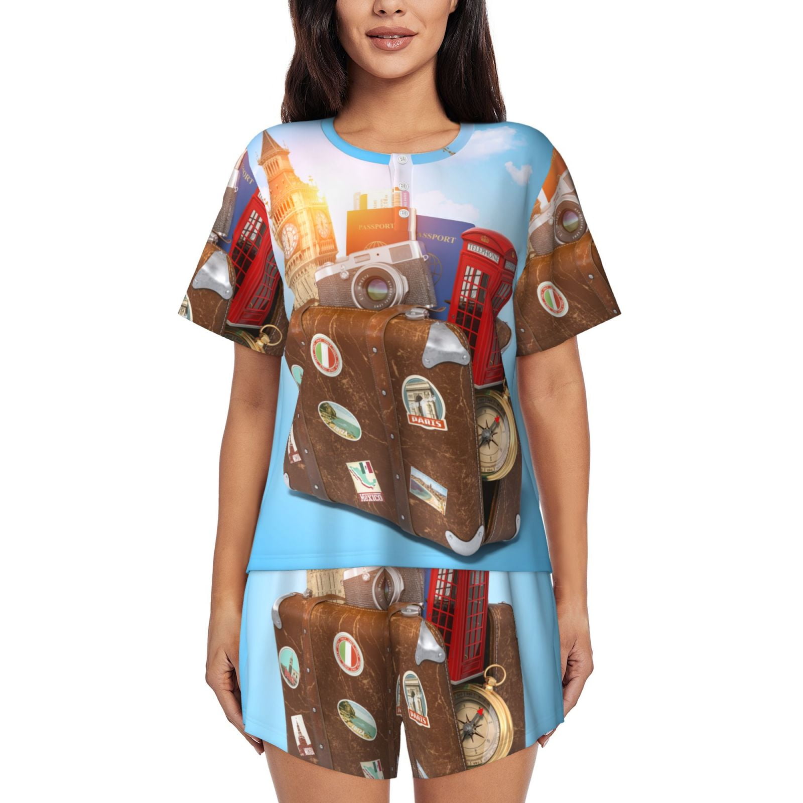 Daiia Trip to London Pattern Womens Pajama Sets Short Sleeve Pajamas ...
