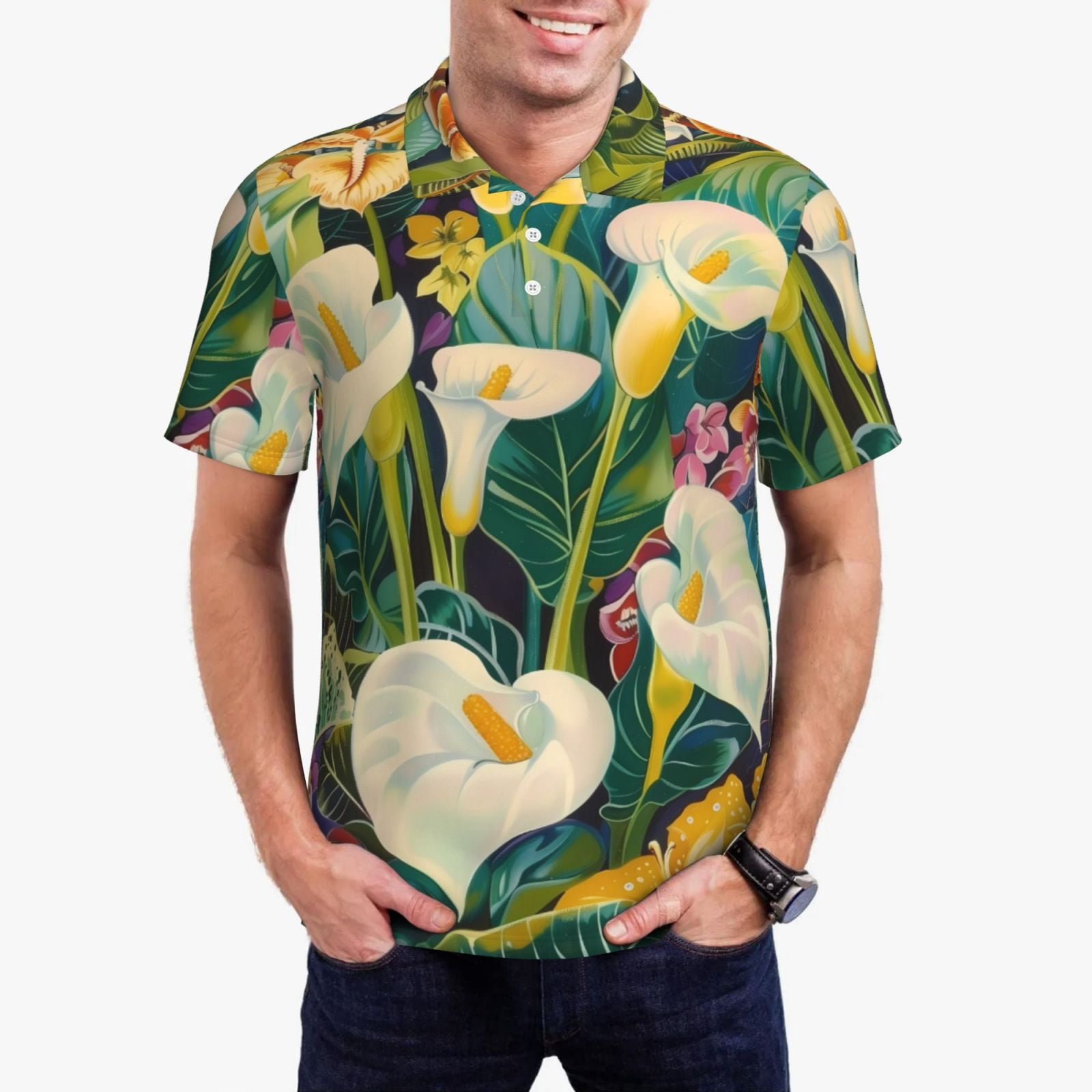 Daiia Tropical Floral Jungle Pattern Men’s Polo Shirts,Solid Deck Shirt ...