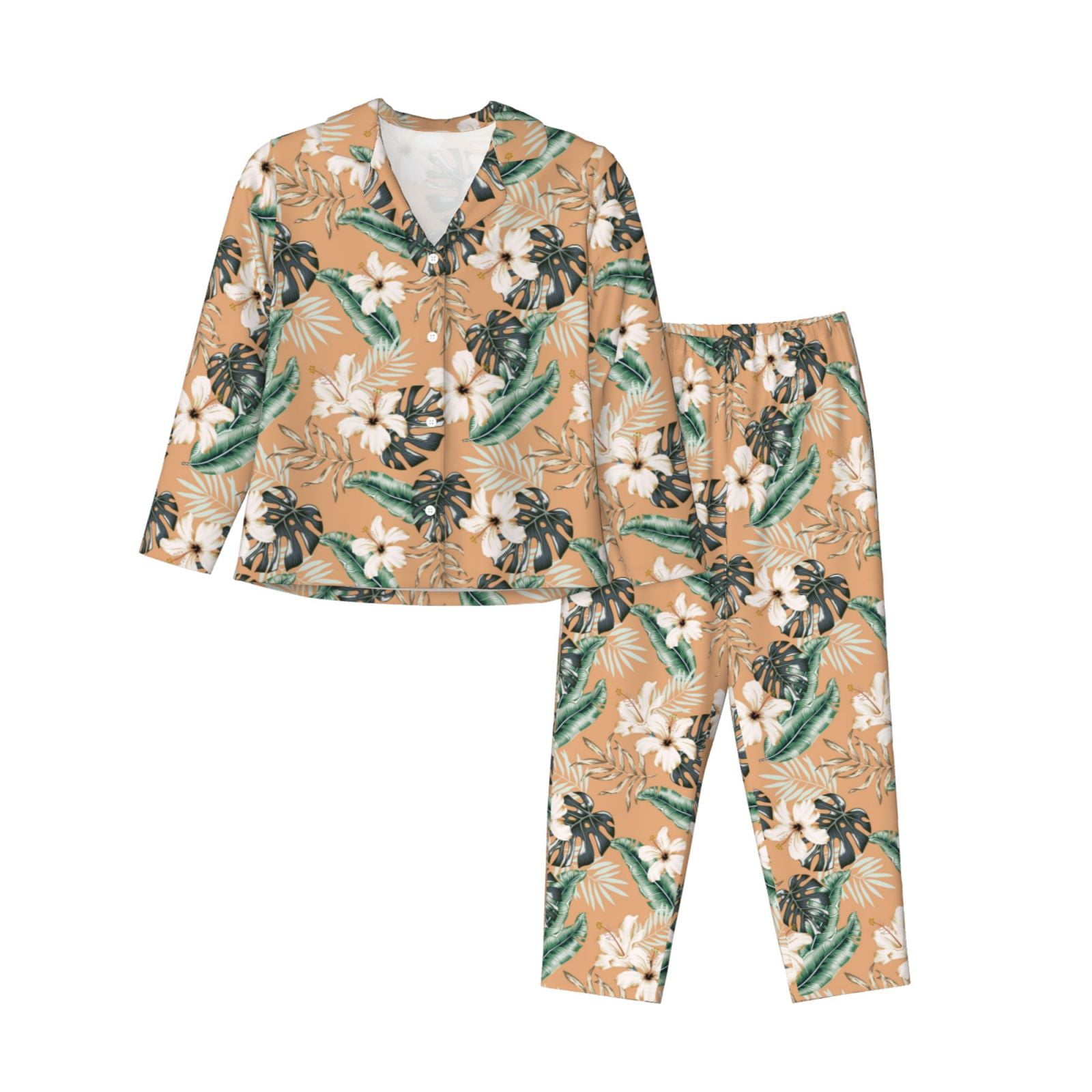 Daiia Tropical Leaves Flower for Women's Long-Sleeved Pajama Set – Soft ...