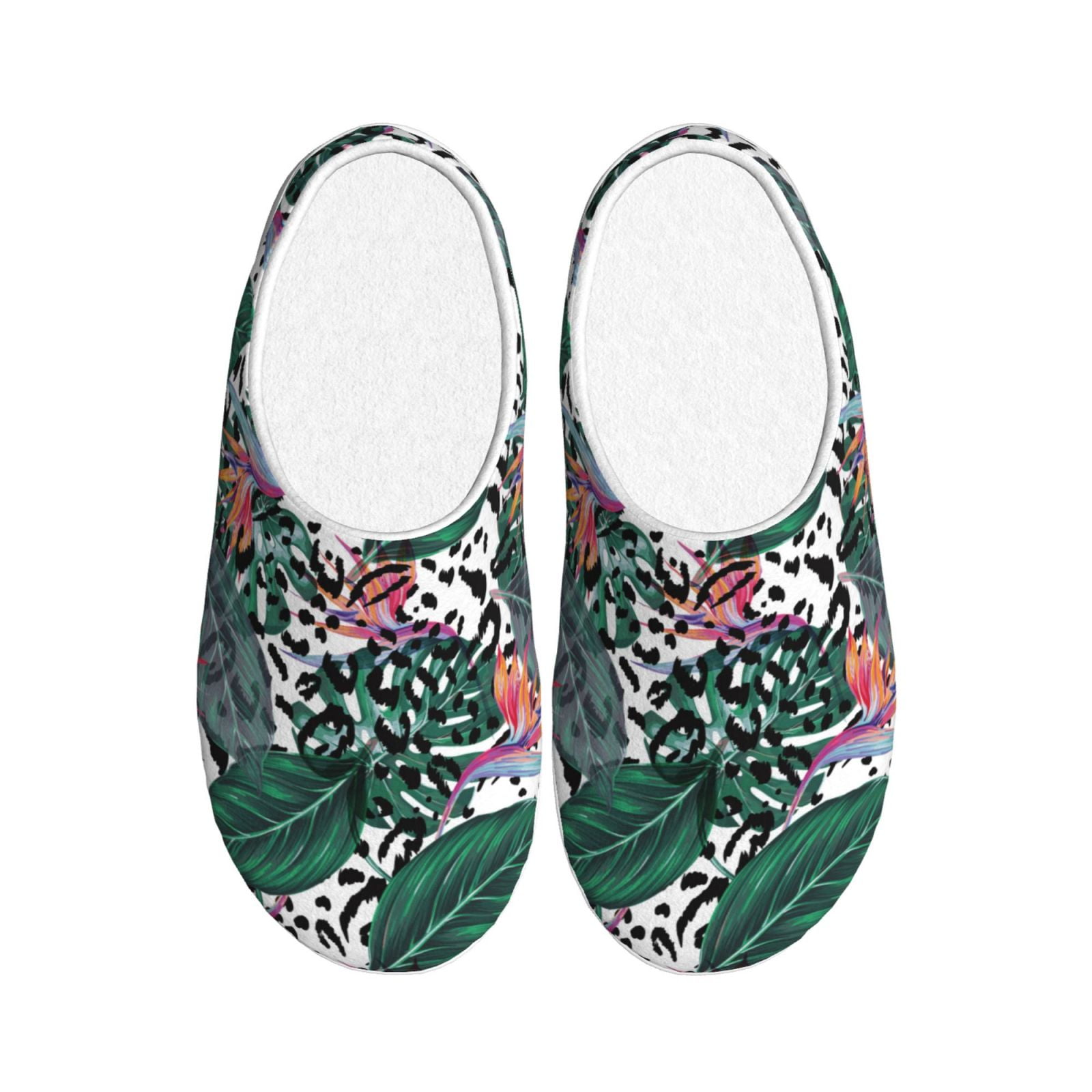 Daiia Tropical Leaves Print Women’s Fuzzy Slippers Memory Foam ...