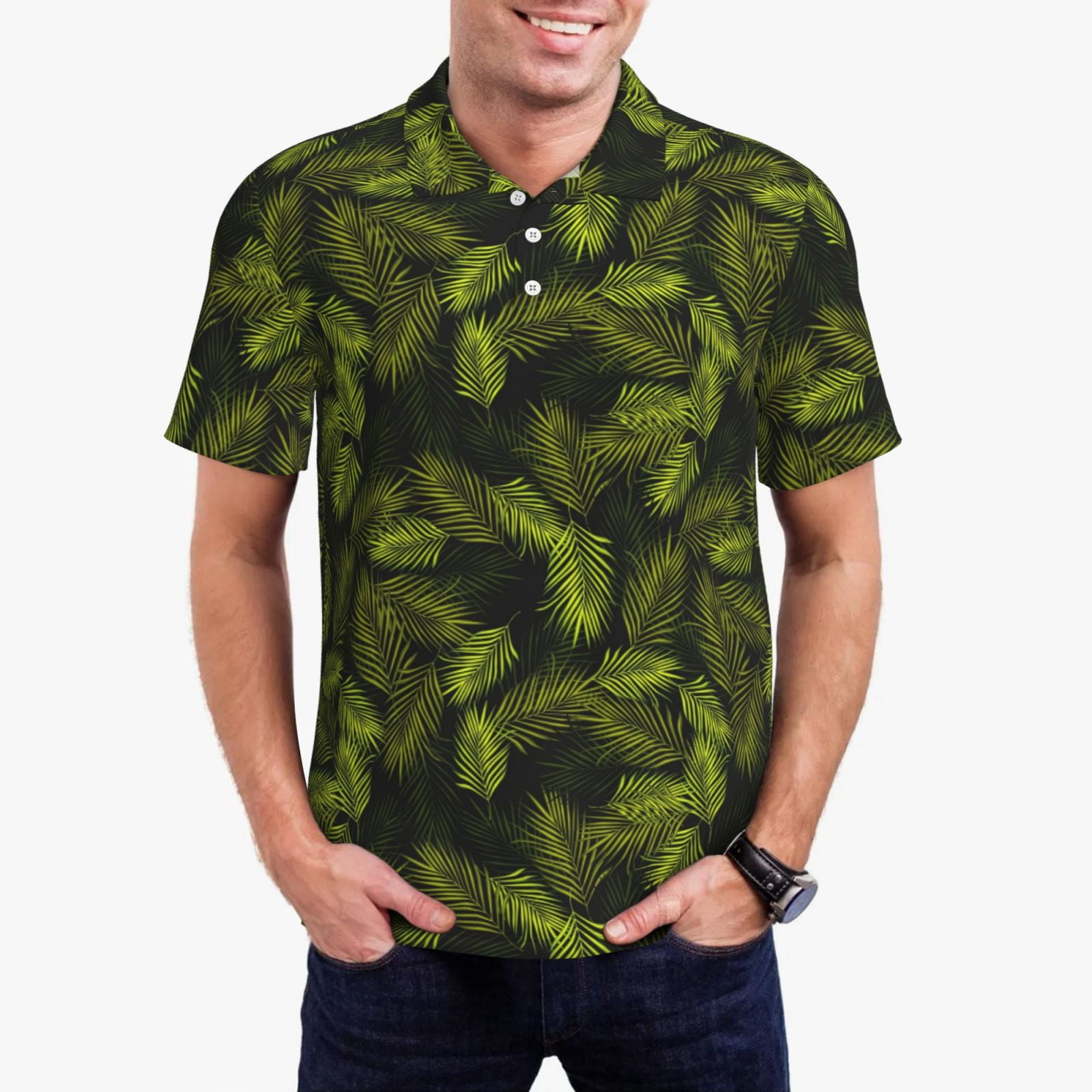 Daiia Tropical Palm Leaves Fern Leaf Pattern Men’s Polo Shirts,Solid ...