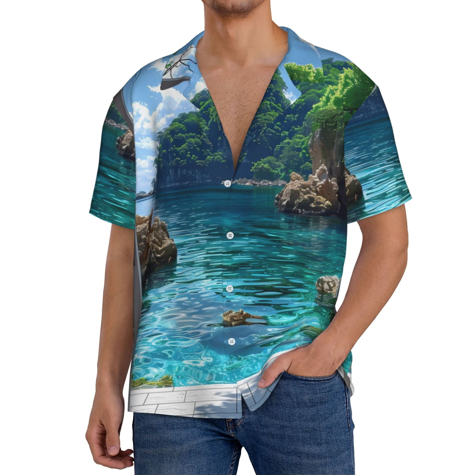 Daiia Tropical Paradise Window View Men's Linen Shirts Short Sleeve ...