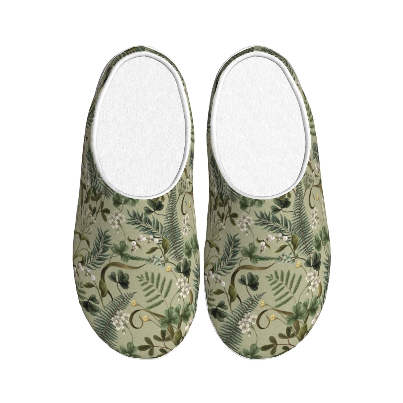 Daiia Tropical Plants Green Print Women’s Fuzzy Slippers Memory Foam ...