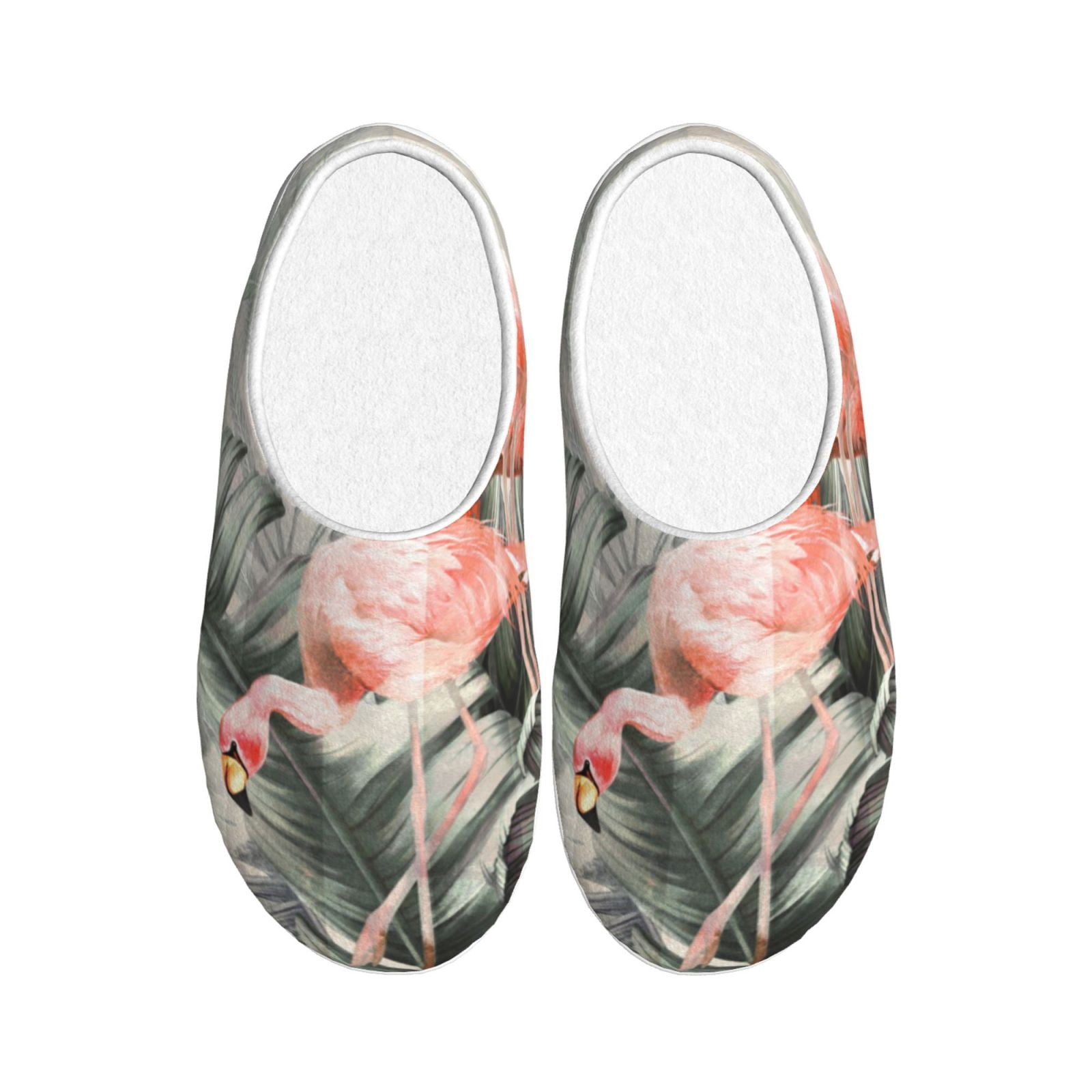 Daiia Tropical With Flamingos Print Women’s Fuzzy Slippers Memory Foam ...