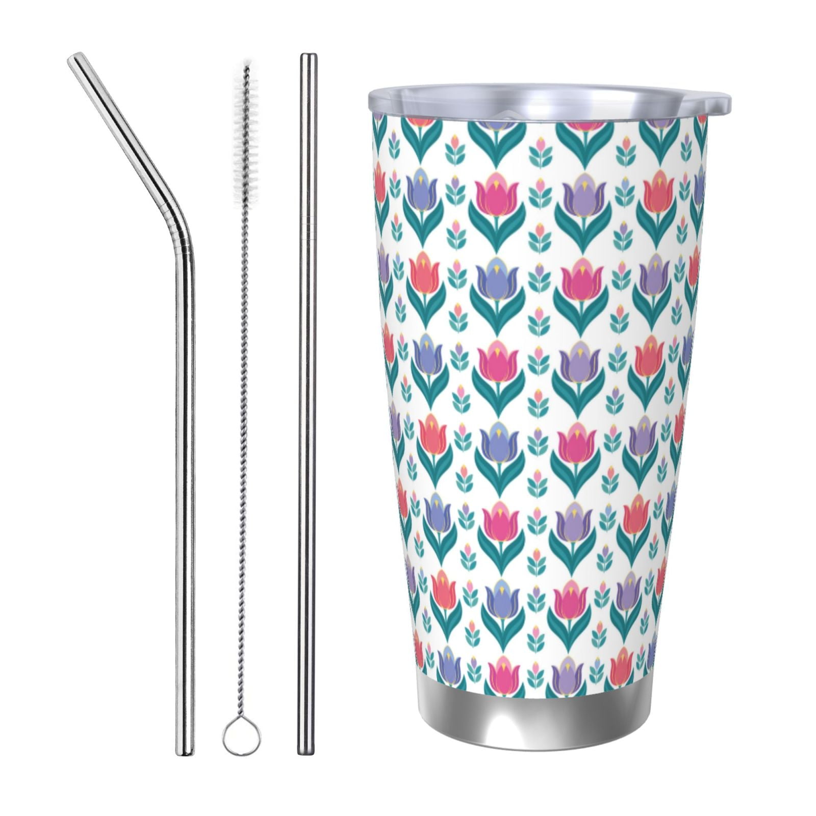 Daiia Tulips Flowers Printed 20oz Insulated Coffee Cup with Straw ...