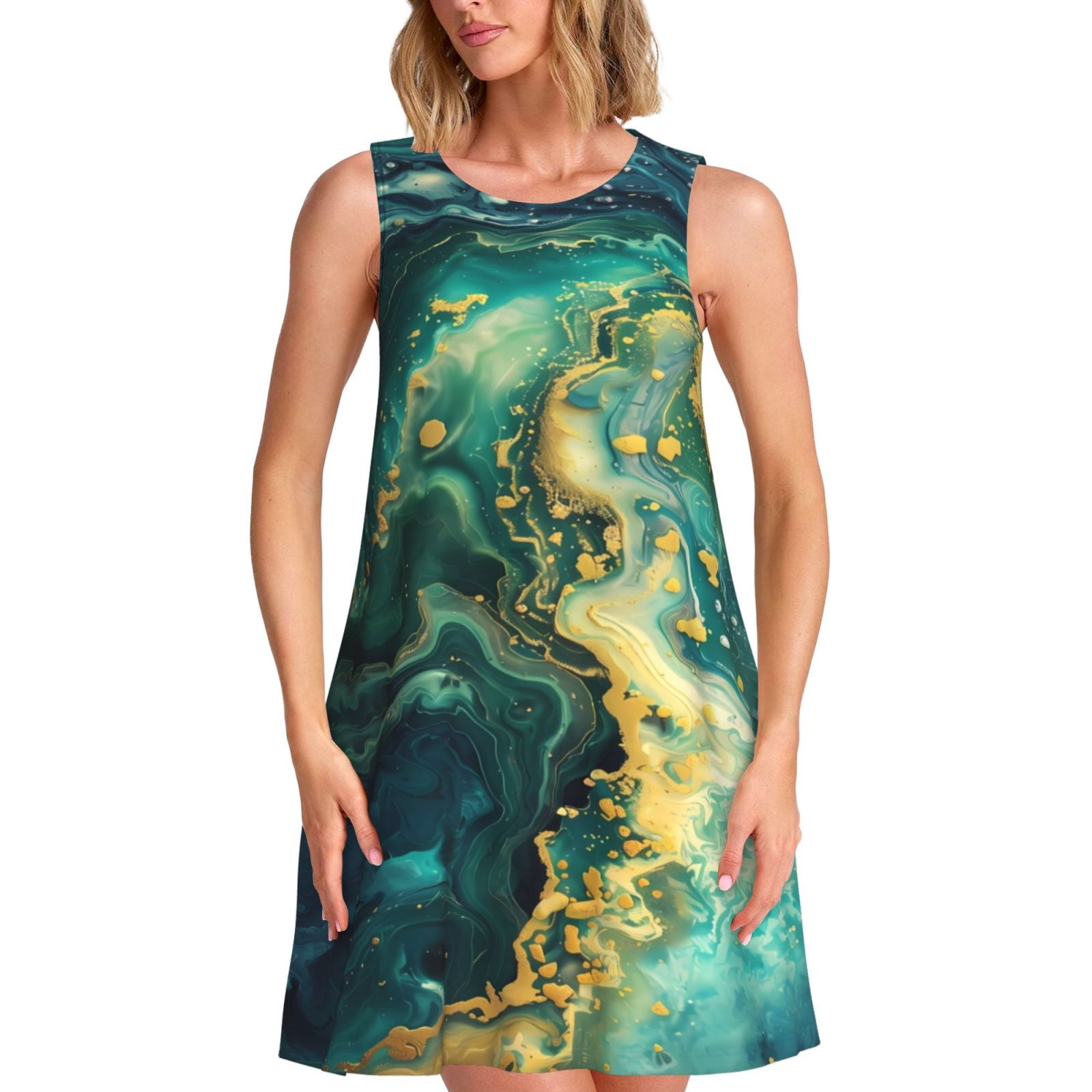 Daiia Turquoise Golden Swirl Print Women's Dresses 2025 Trendy Short ...