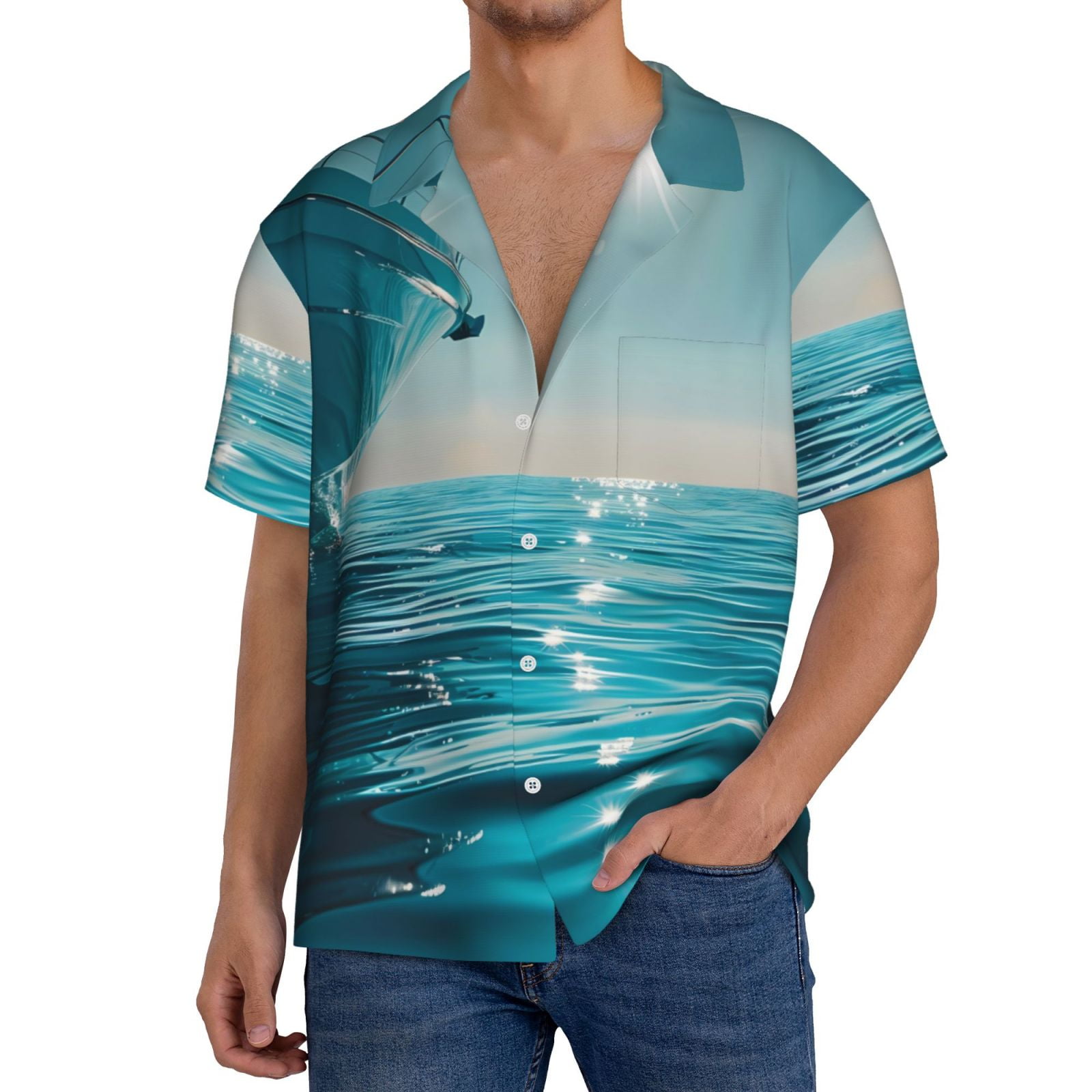 Daiia Turquoise Ocean Reflection Men's Linen Shirts Short Sleeve Casual ...