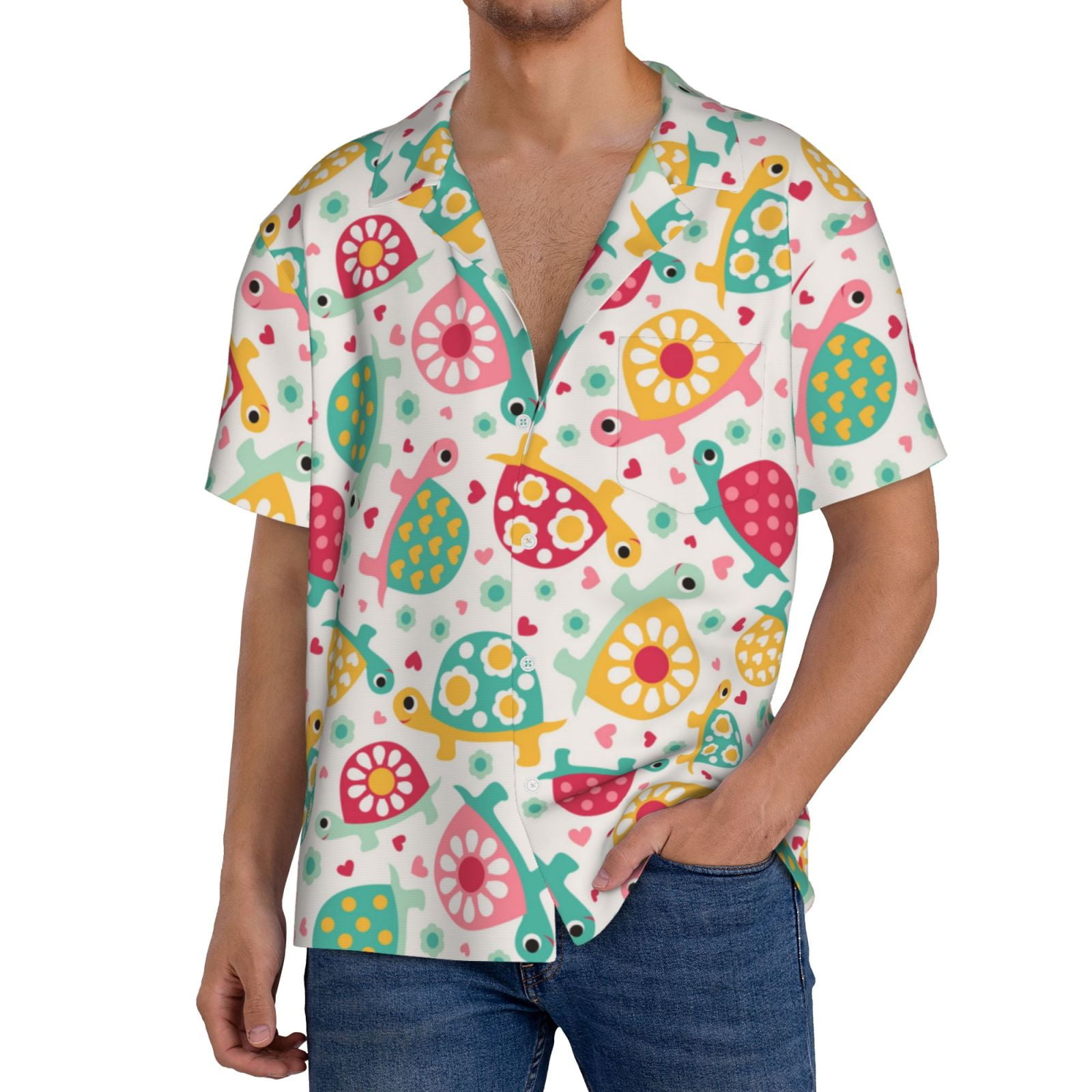 Daiia Turtle Flower Men's Linen Shirts Short Sleeve Casual Shirts ...