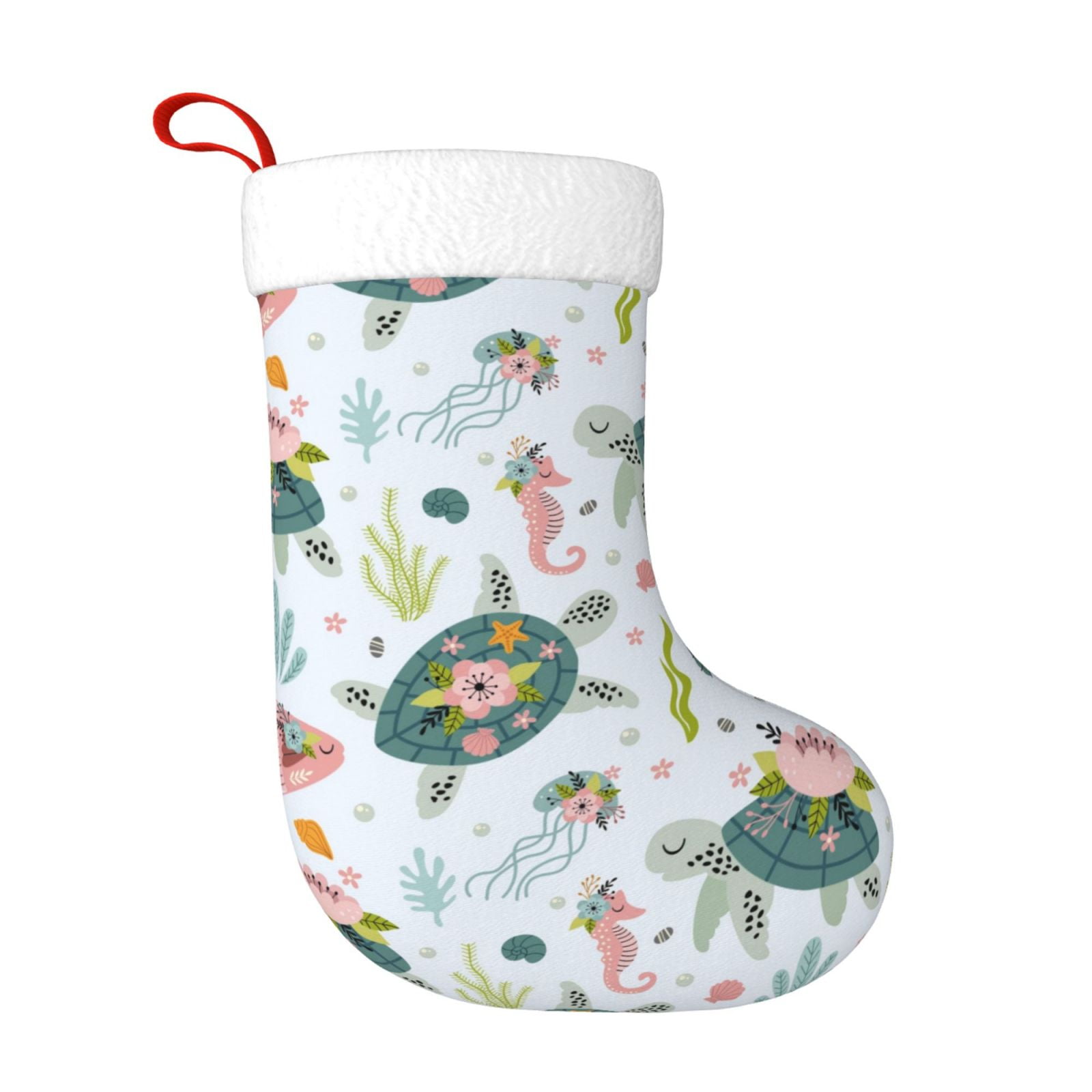 Daiia Turtle and Sea Life Print Christmas Stocking，18"Large Knitted ...