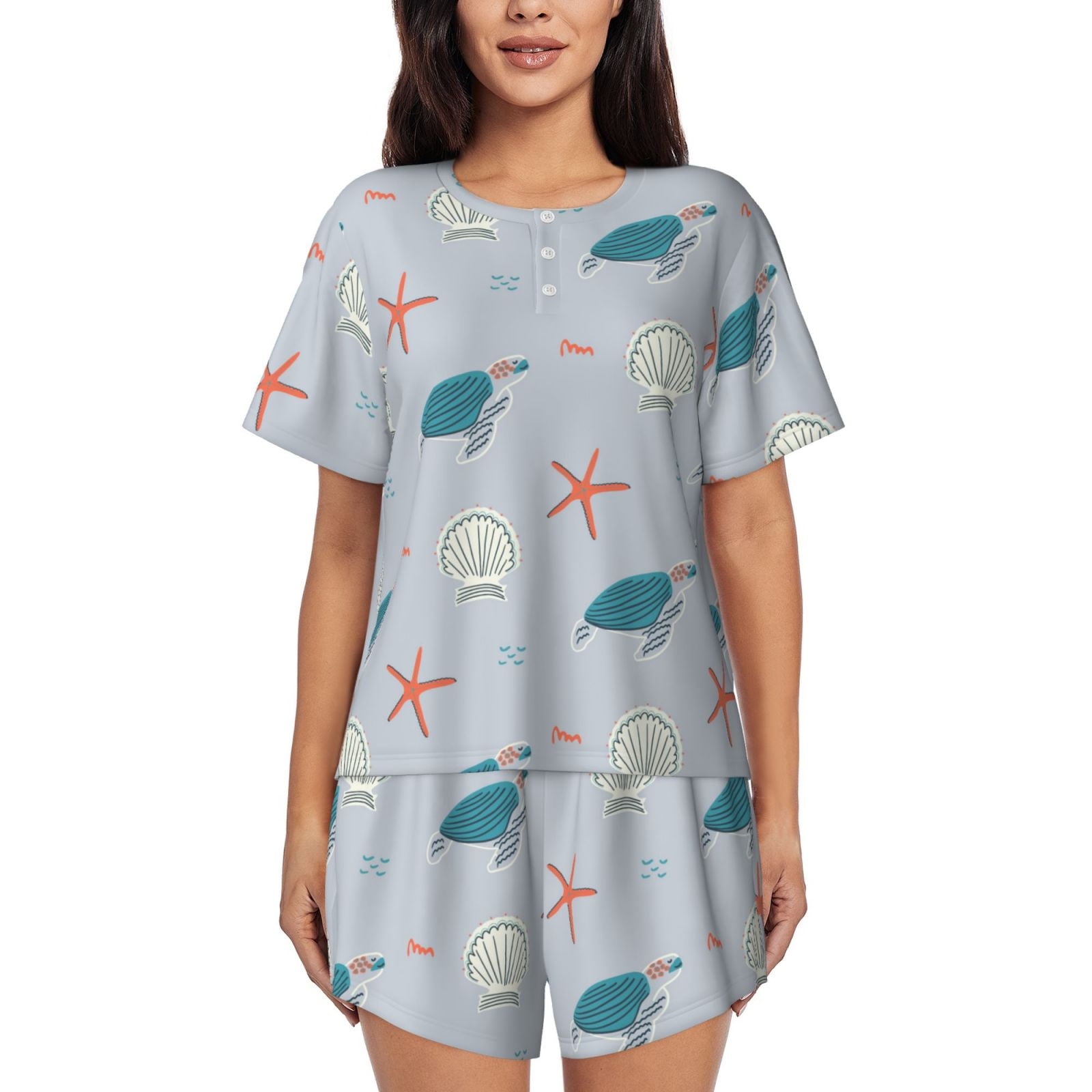 Daiia Turtles And Shells Pattern Womens Pajama Sets Short Sleeve ...