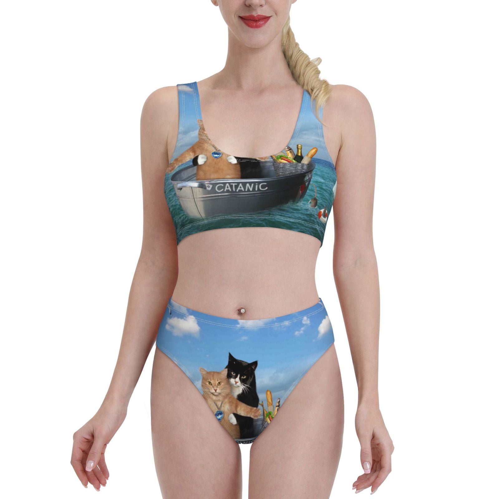 Daiia Two Brave Cats Are Floating On The Sea Iceberg Printed 2 Piece Swimsuit Bikinis For Women
