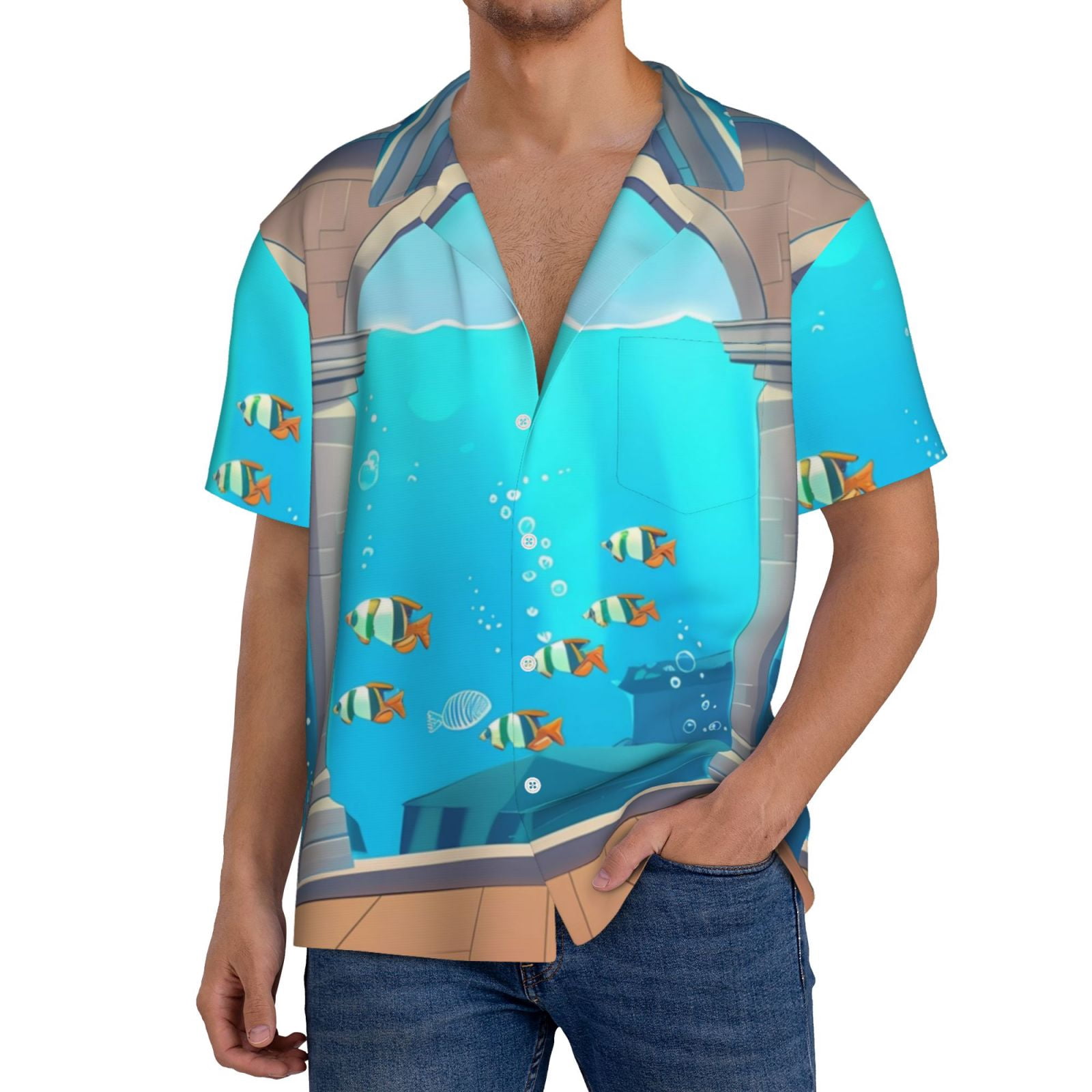 Daiia Underwater Aquarium Arches Men's Linen Shirts Short Sleeve Casual ...