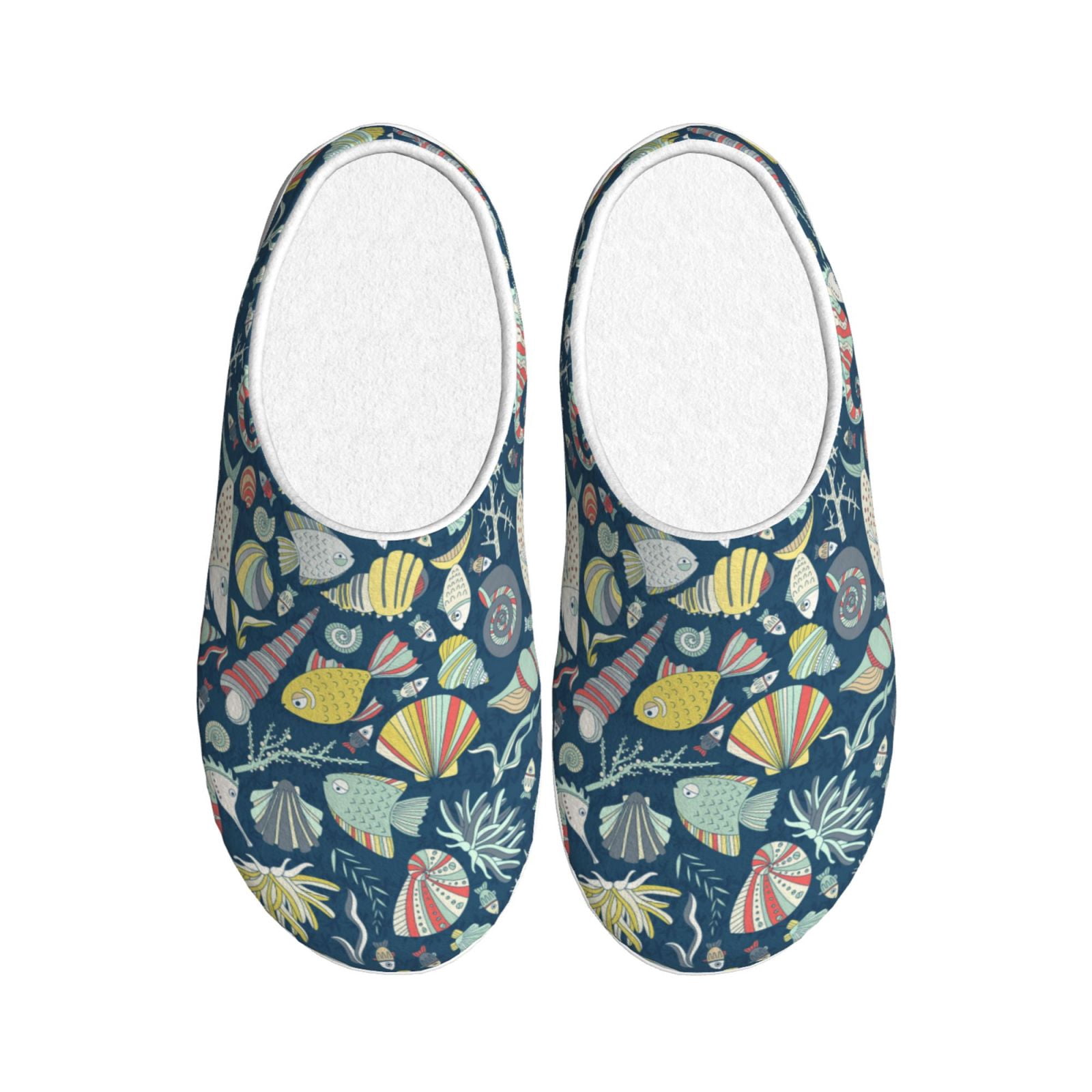 Daiia Underwater Creature Print Women’s Fuzzy Slippers Memory Foam ...