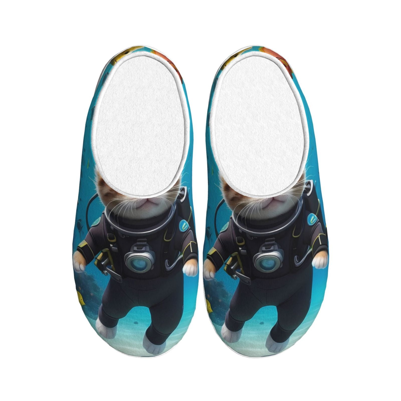 Daiia Underwater Diving Cat Print Women’s Fuzzy Slippers Memory Foam ...