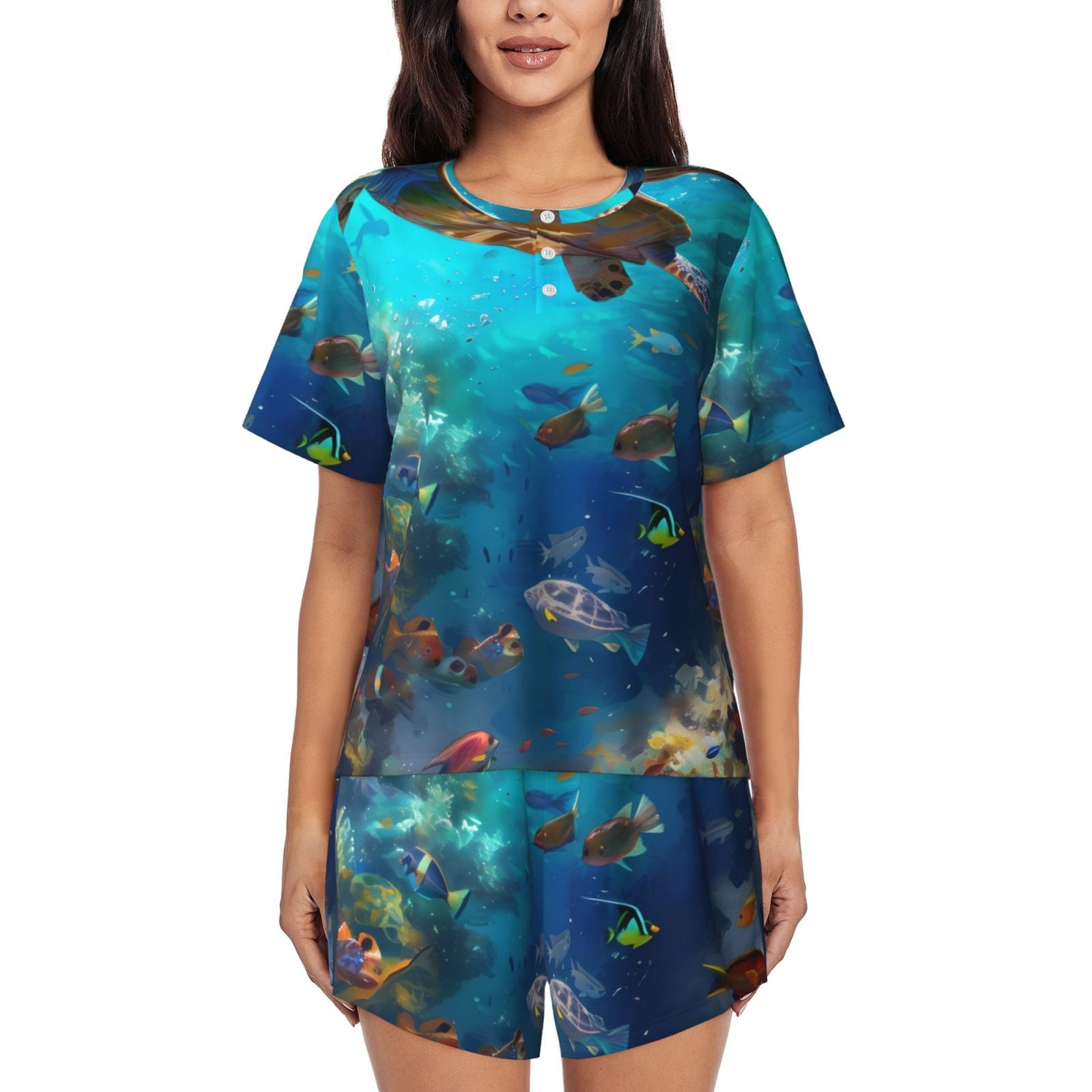 Daiia Underwater Fish Turtle Pattern Womens Pajama Sets Short Sleeve ...