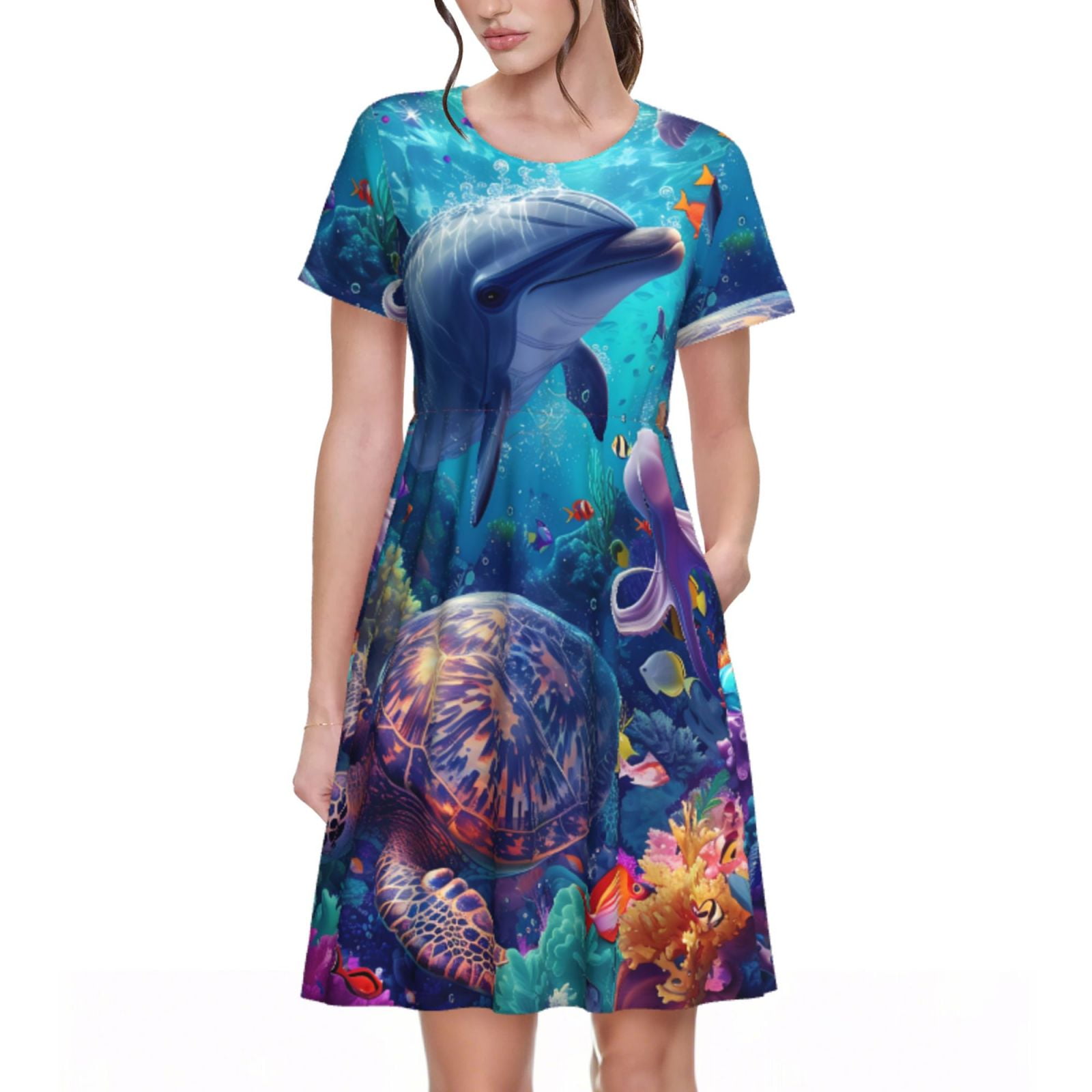 Daiia Underwater Turtle Dolphin Octopus Print Women's Dresses 2025 ...
