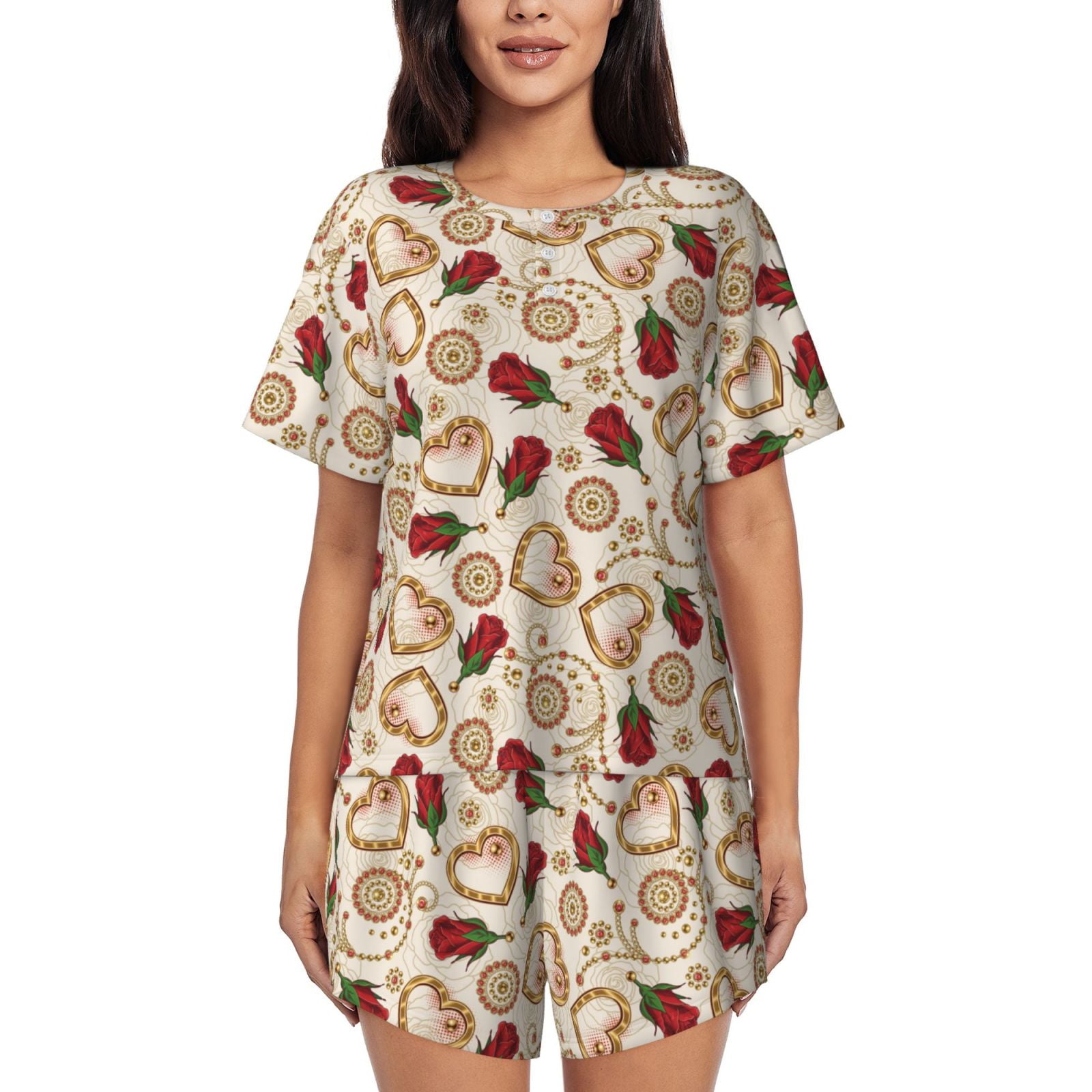 Daiia Valentine'S Day Rose Pattern Womens Pajama Sets Short Sleeve ...