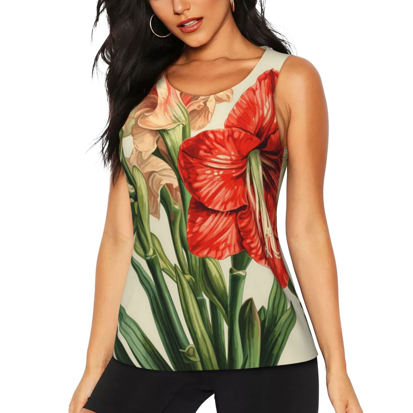 Daiia Vibrant Amaryllis Flowers Printed Womens Workout Tops for Women ...