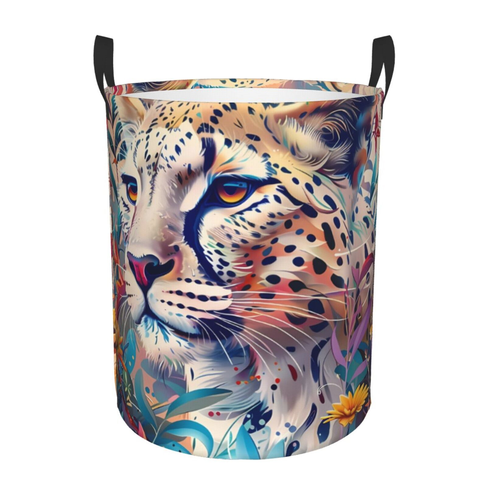 Daiia Vibrant Leopard In Flowers Round Laundry Basket with Handles ...