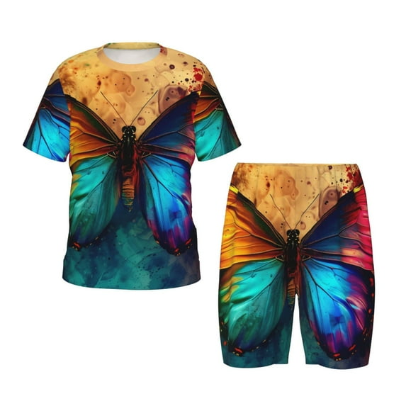 Daiia Vibrant Rainbow Butterfly A Print Children’s Cotton Pajama Set – Short-Sleeved Top ...