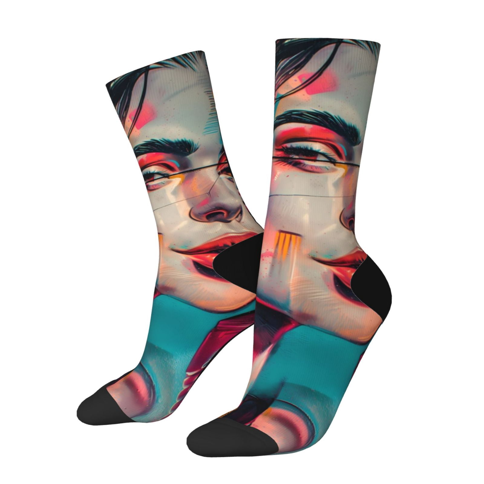 Daiia Vibrant Street Art Portrait Print Crew Socks – Soft Breathable ...