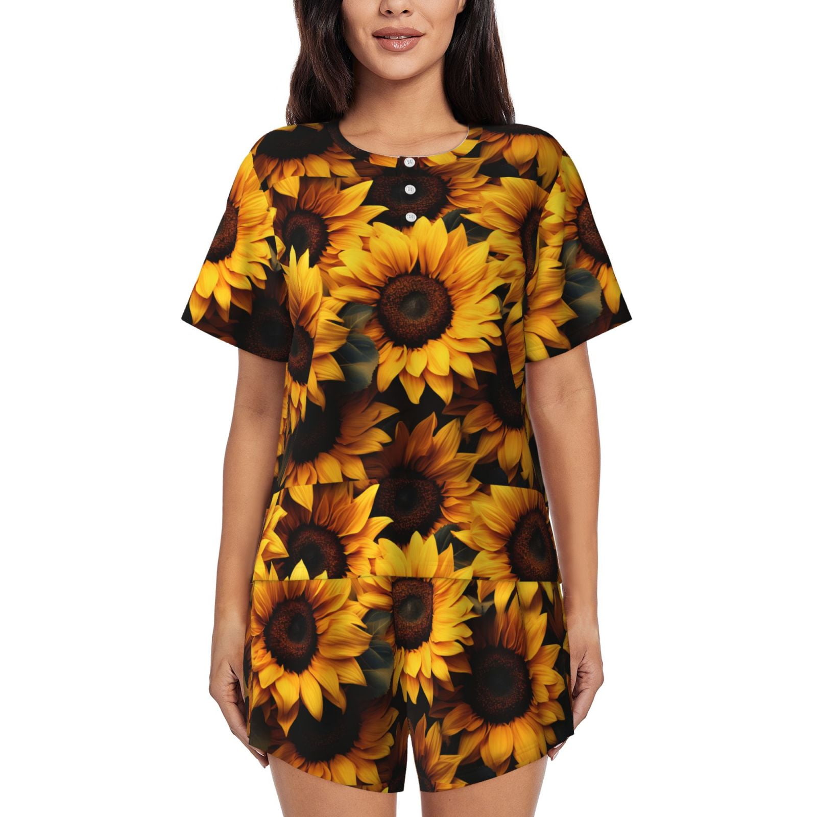 Daiia Vibrant Sunflower Blooms Pattern Womens Pajama Sets Short Sleeve ...