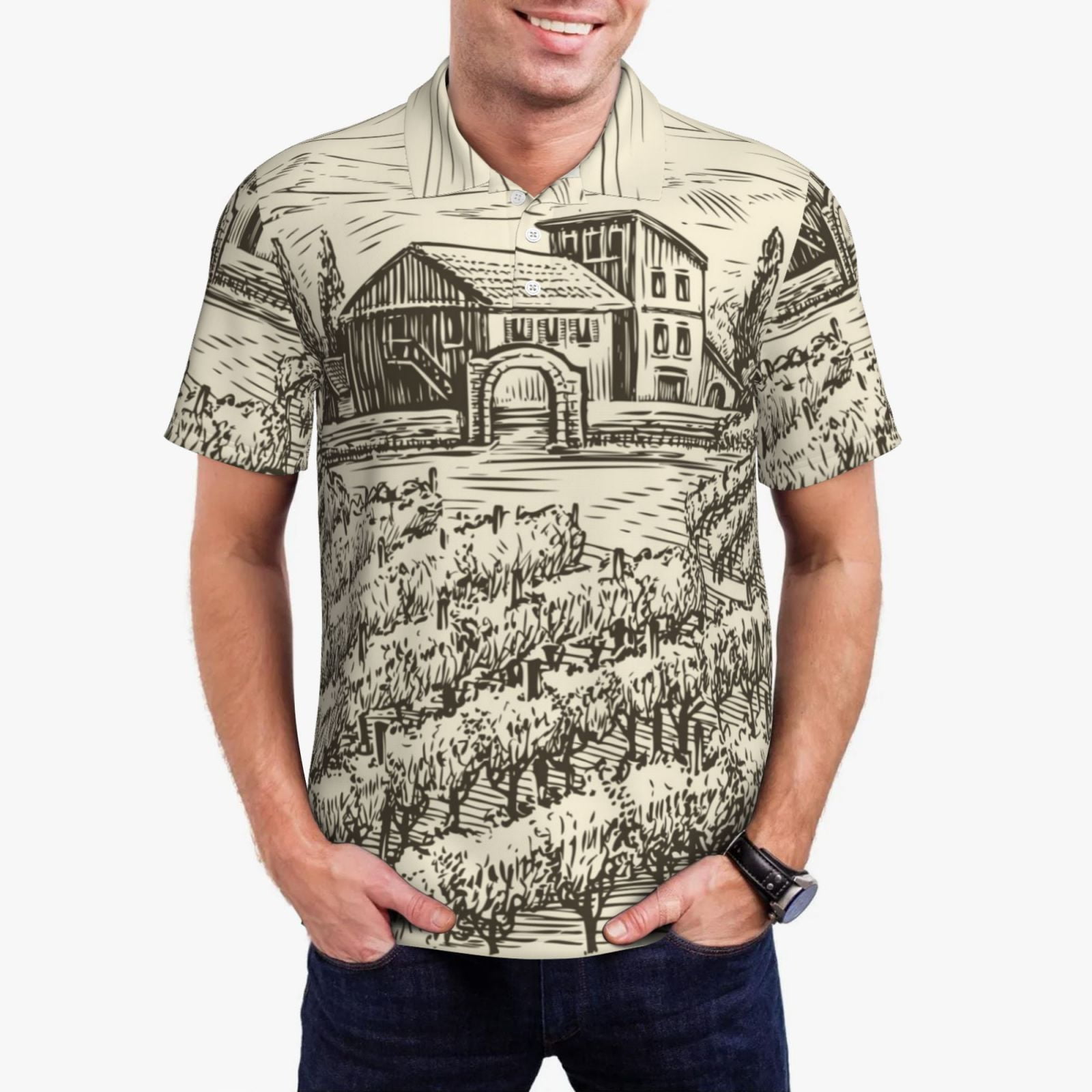 Daiia Vineyard Landscape Pattern Men’s Polo Shirts,Solid Deck Shirt ...