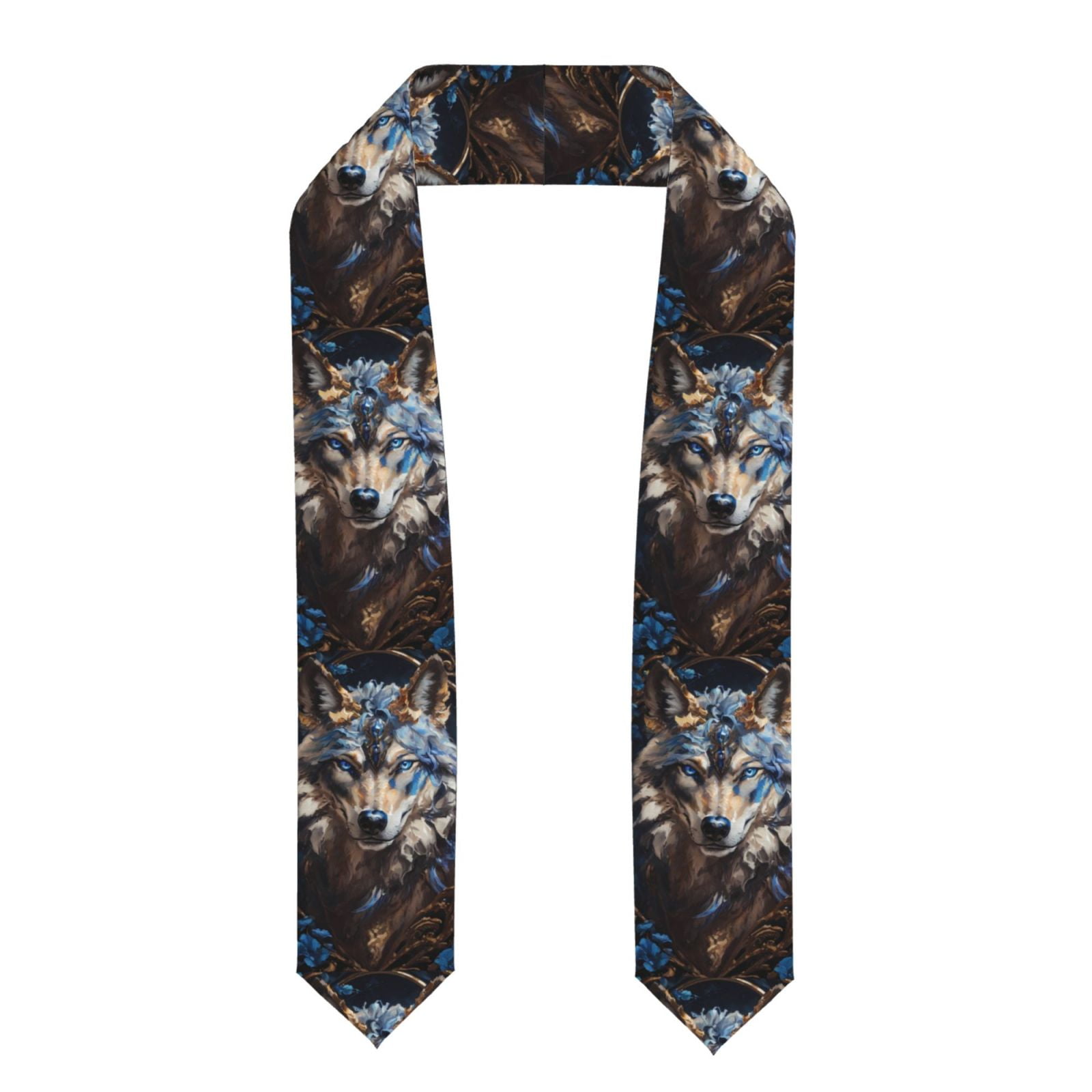 Daiia Vintage Blue Floral Wolf Pattern Graduation Shawl Stole – Satin ...