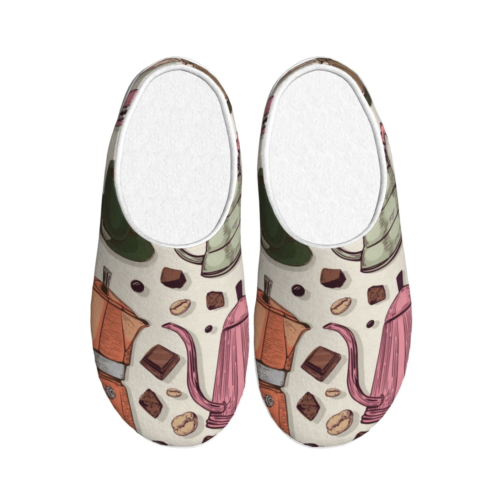 Daiia Vintage Coffee Print Women’s Fuzzy Slippers Memory Foam ...