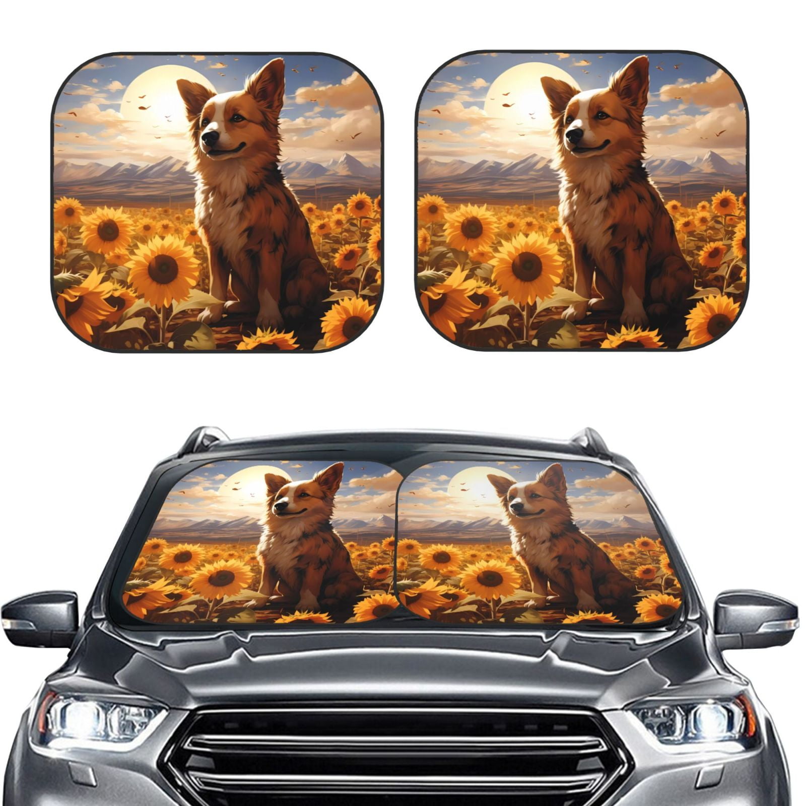 Daiia Vintage Cute Corgi Sunflower 2PCS Car Windshield Sun Shade, Foldable Sun Shield for Car ...