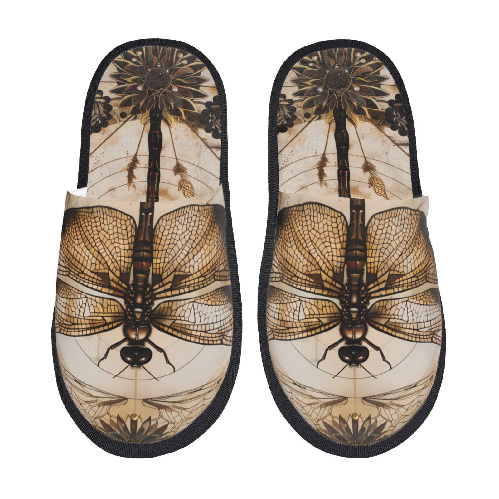 Daiia Vintage Dragonfly Artwork Pattern Furry Slippers for Women and ...
