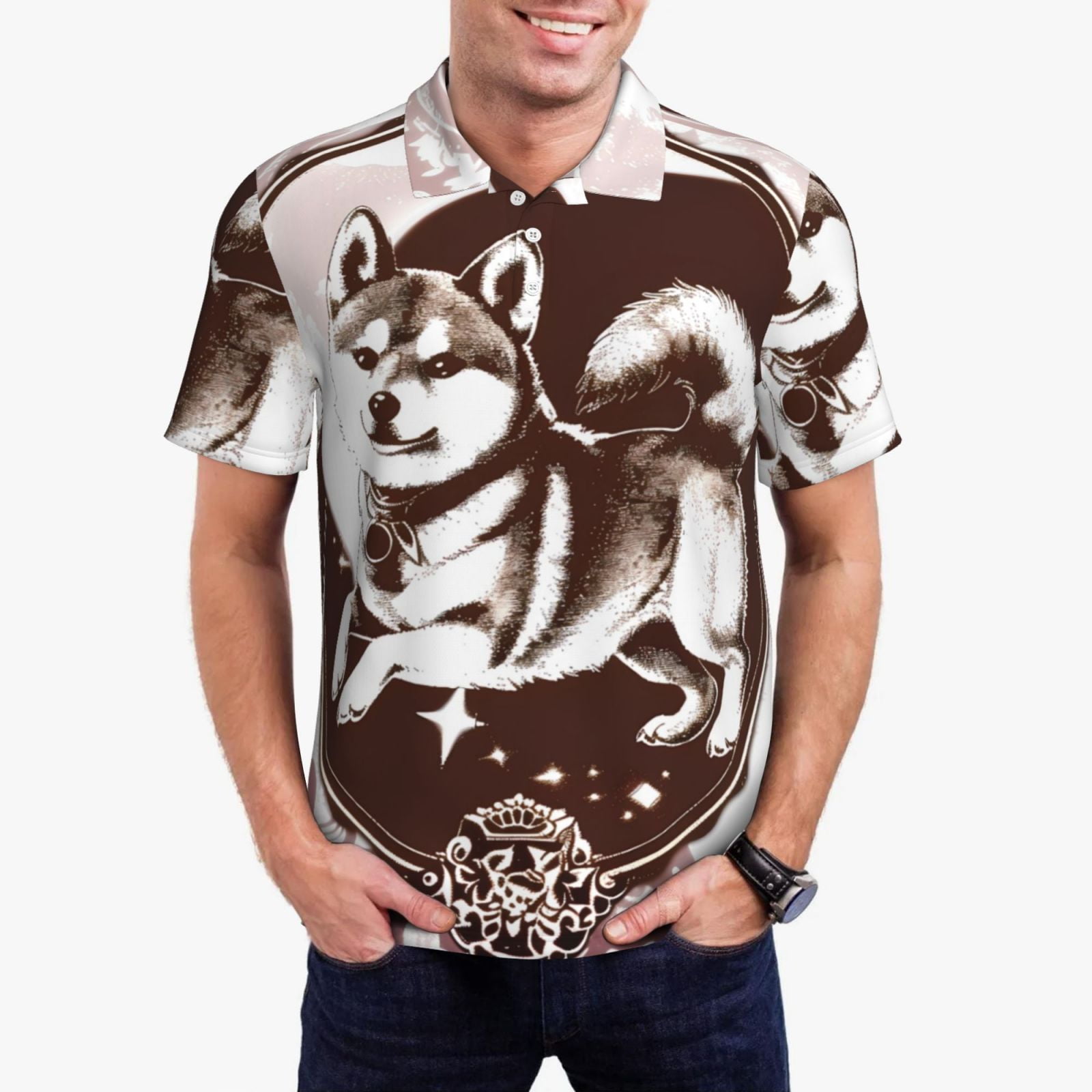 Daiia Vintage Husky Dog Pattern Men’s Polo Shirts,Solid Deck Shirt ...