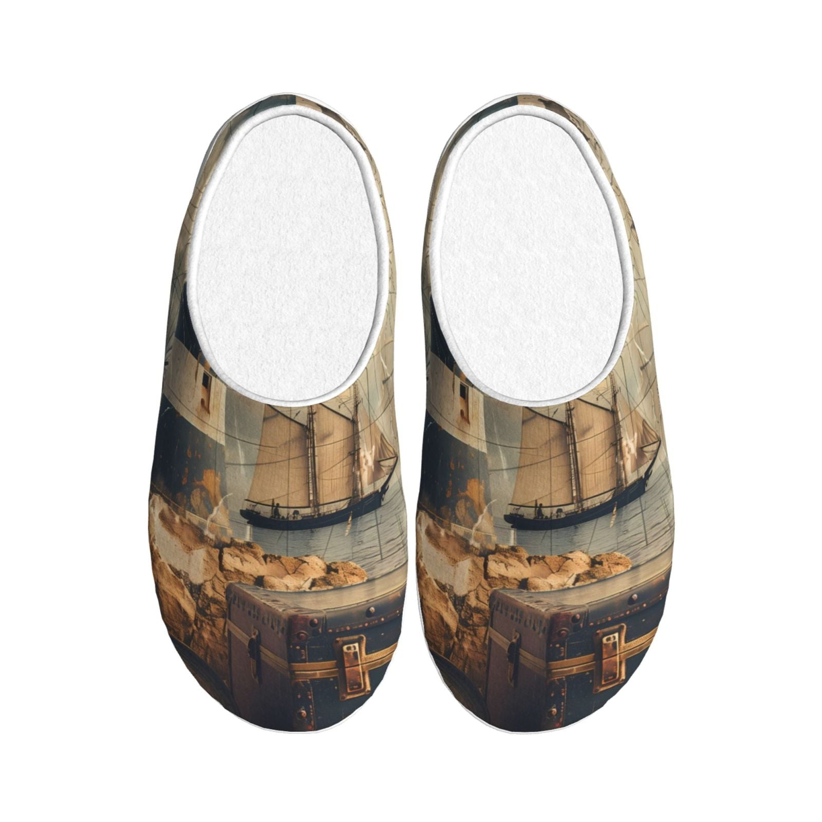 Daiia Vintage Nautical Lighthouse Print Women’s Fuzzy Slippers Memory ...