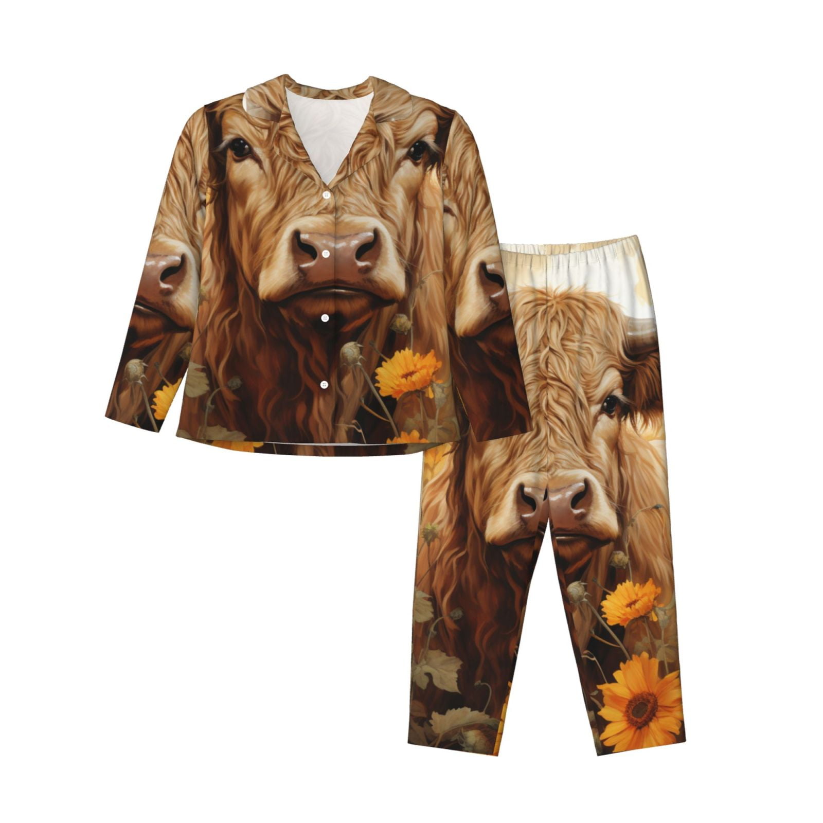 Daiia Vintage Sunflower Cow for Women's Long-Sleeved Pajama Set – Soft ...