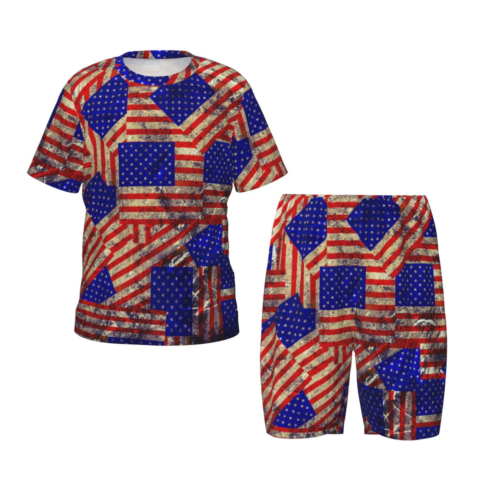 Daiia Vintage USA Flag Print Children’s Cotton Pajama Set – Short-Sleeved Top & Shorts ...